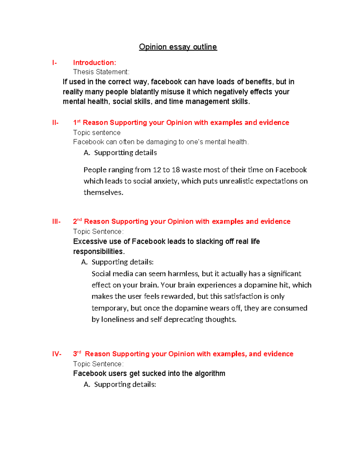 Eng essay outline - englsish - Opinion essay outline I- Introduction ...