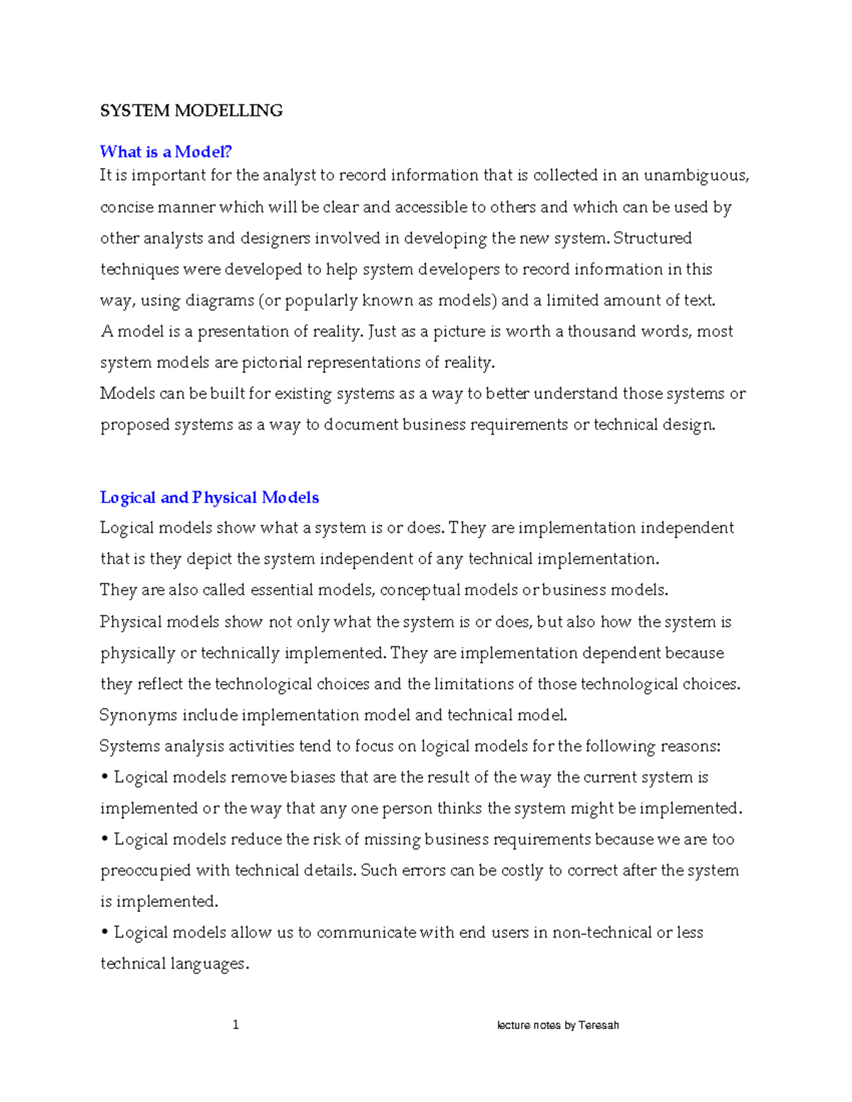 Lesson 6 System modelling - SYSTEM MODELLING What is a Model? It is ...