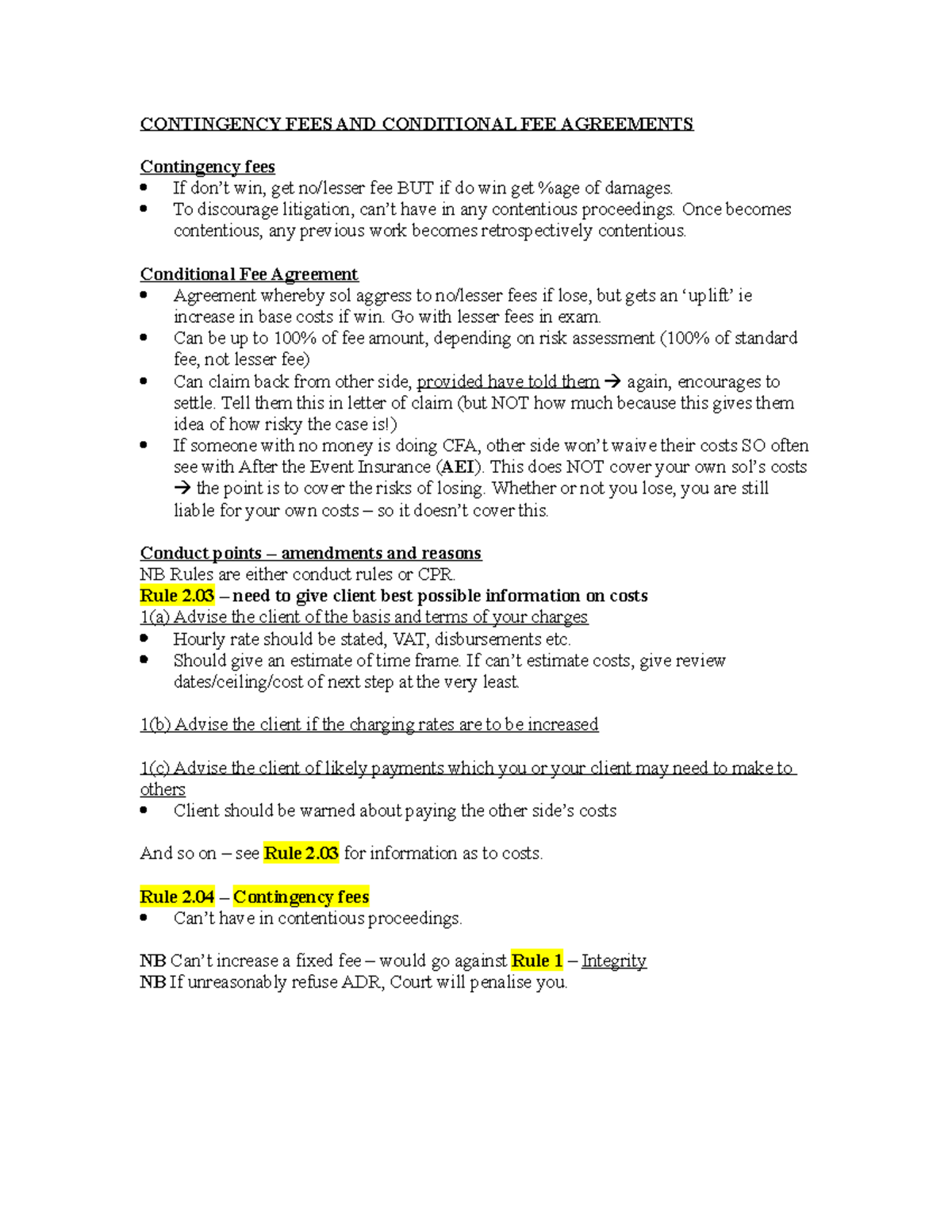 Civil lit edited - LPC Notes - CONTINGENCY FEES AND CONDITIONAL FEE ...