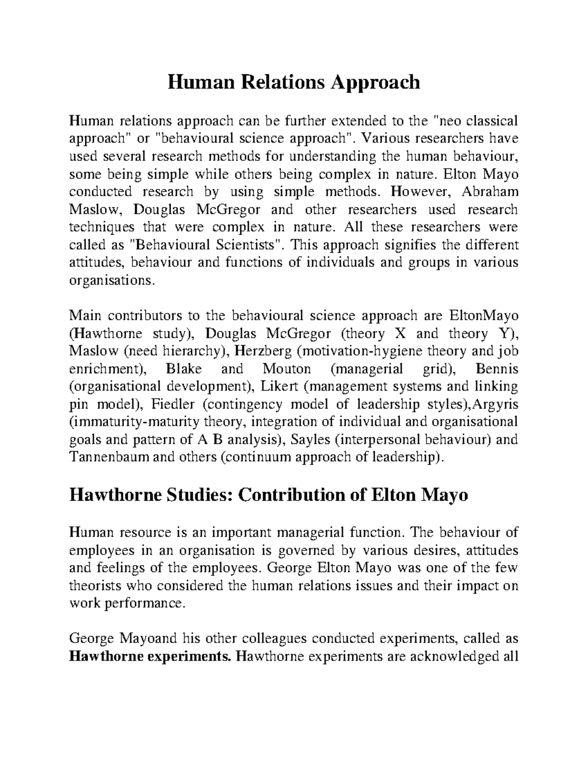 POM MOD 2 PART 2 - Human relations approach, Contribution of Elton Mayo ...