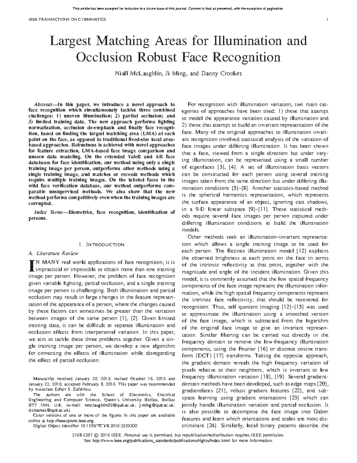 Face Recognition Under Varying Lightning Conditions Ieee Transactions
