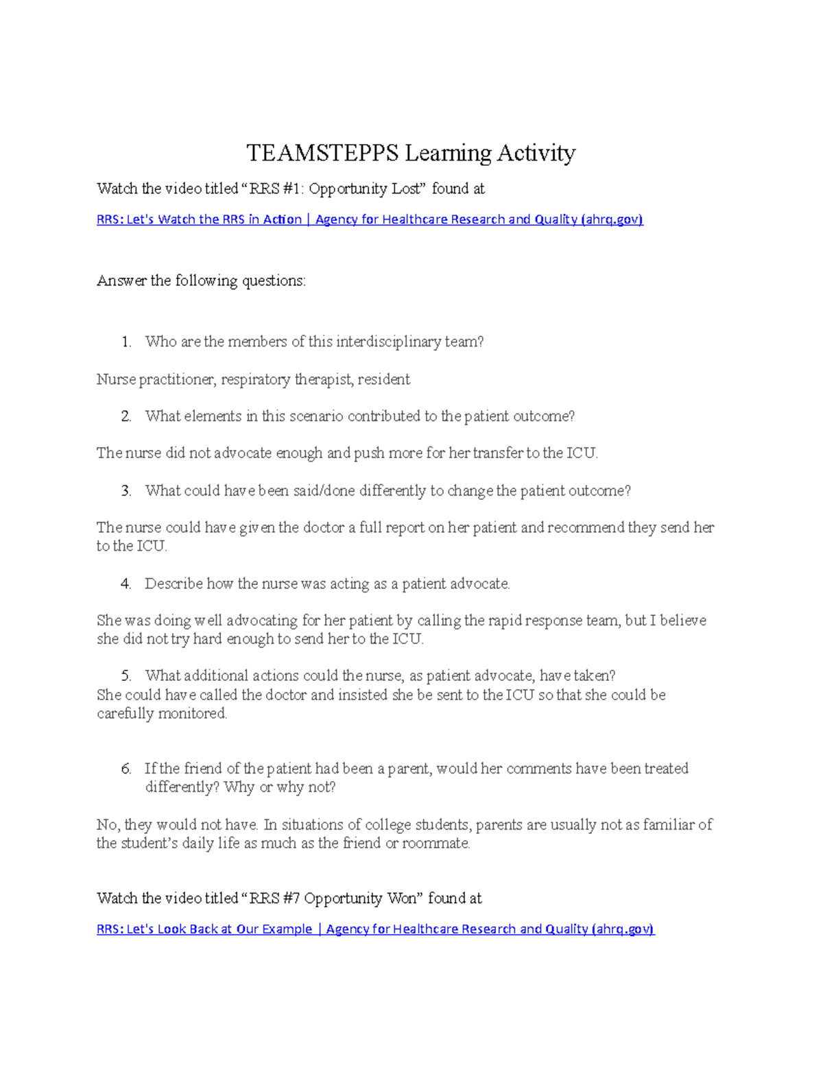 Team Stepps Activity - bleg - TEAMSTEPPS Learning Activity Watch the ...