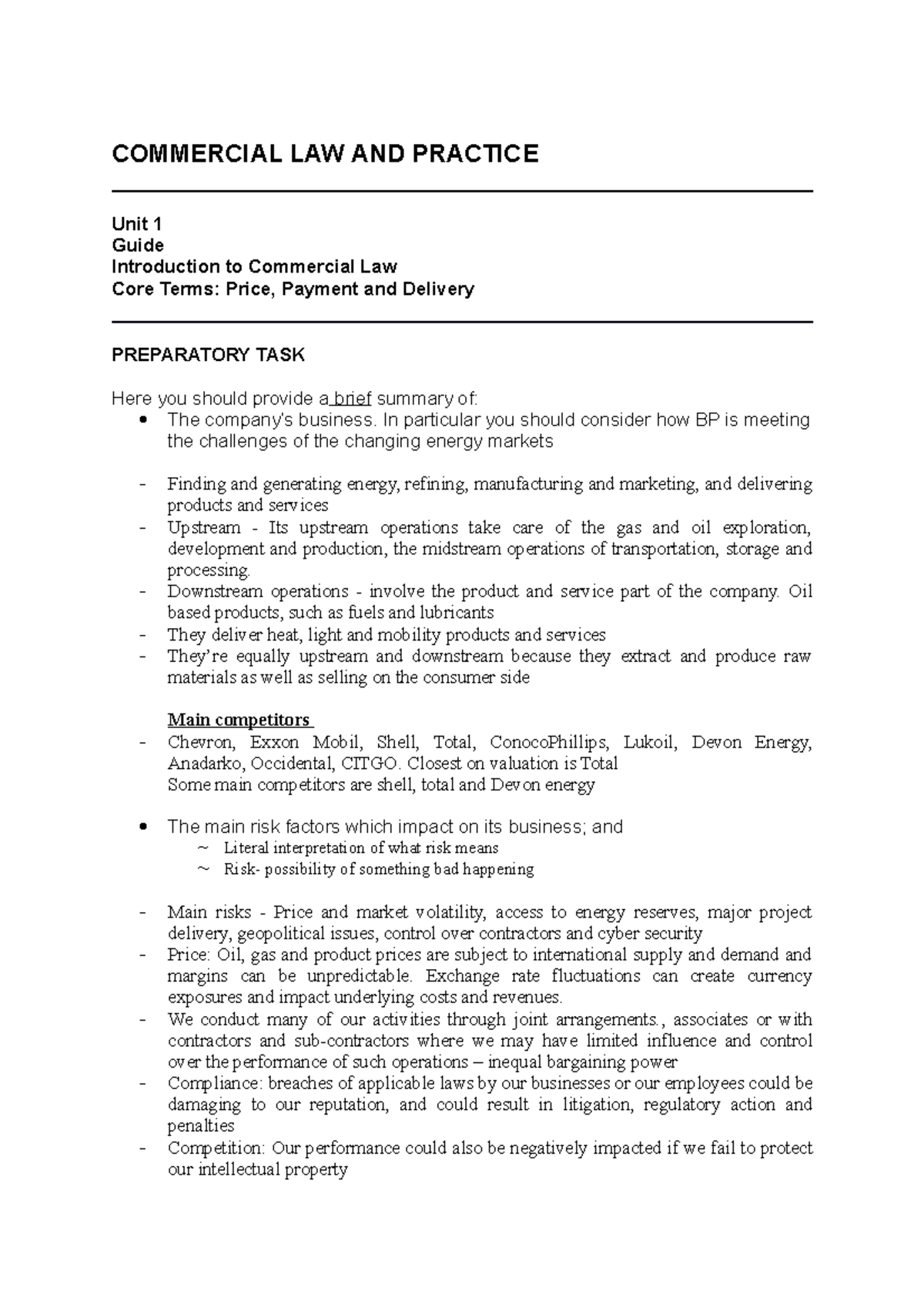 Notes for Commercial Law for Workshop 1 - COMMERCIAL LAW AND PRACTICE ...