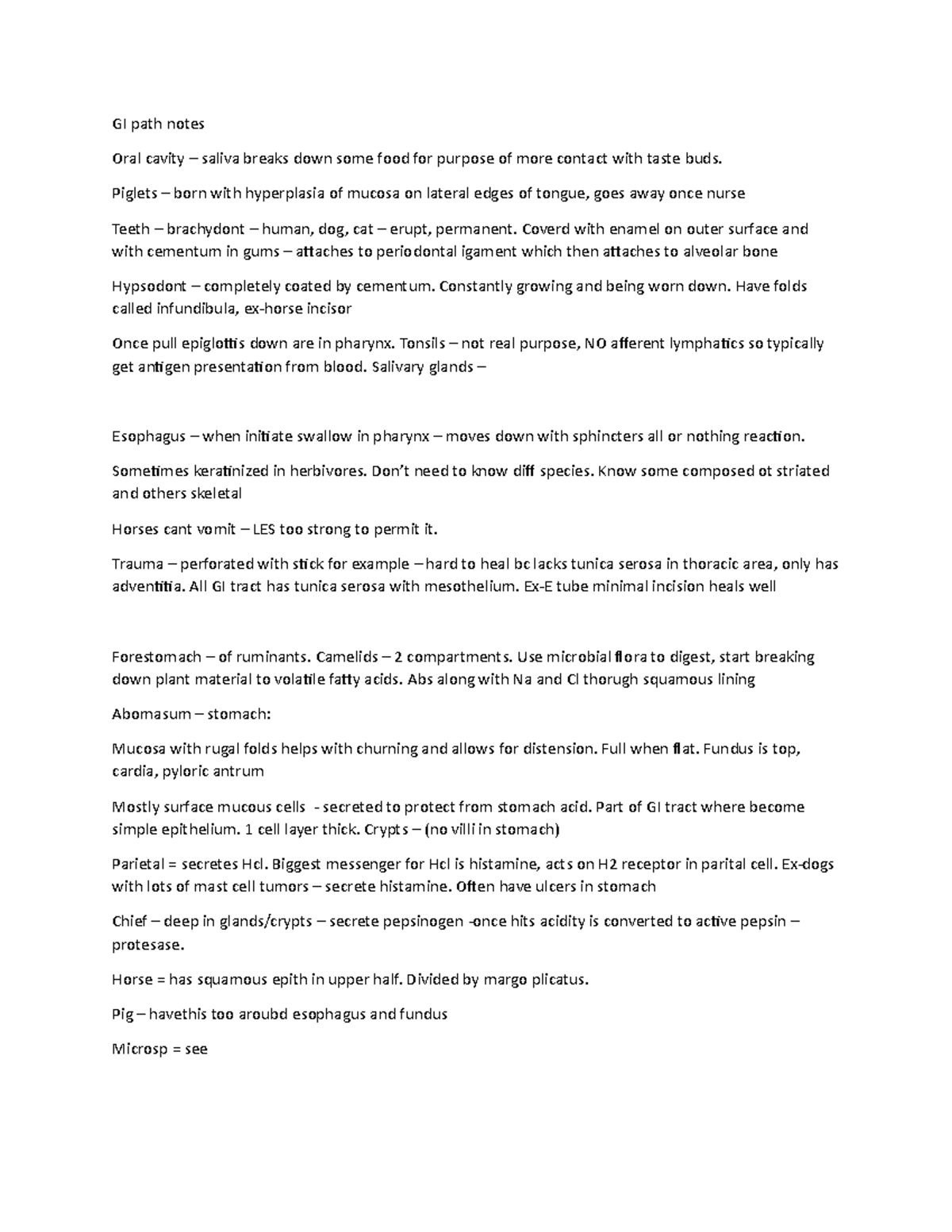 GI Path notes - GI Path - GI path notes Oral cavity – saliva breaks ...