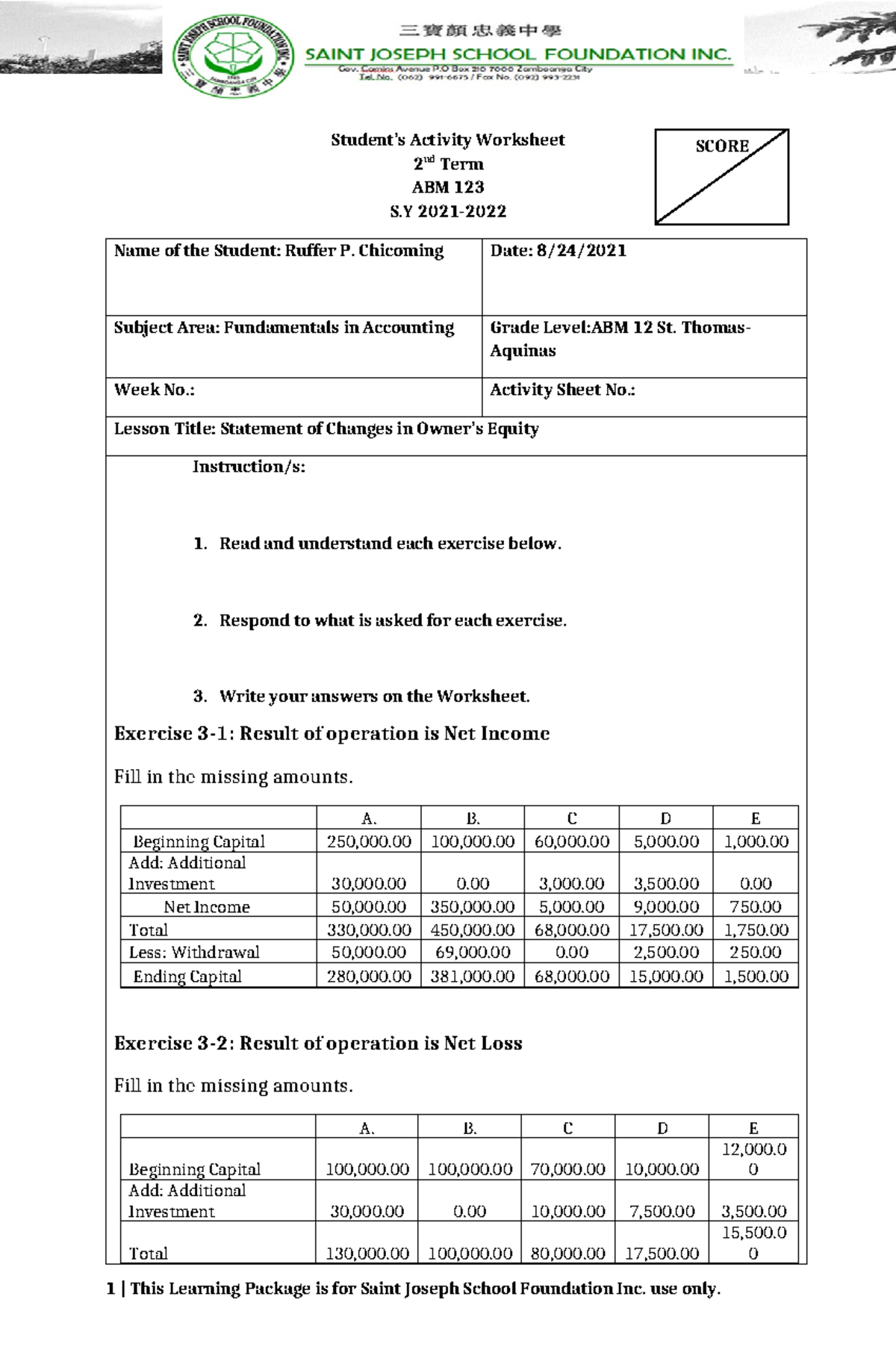 WS Statement of Owner's Equity - Student’s Activity Worksheet 2 nd Term ...