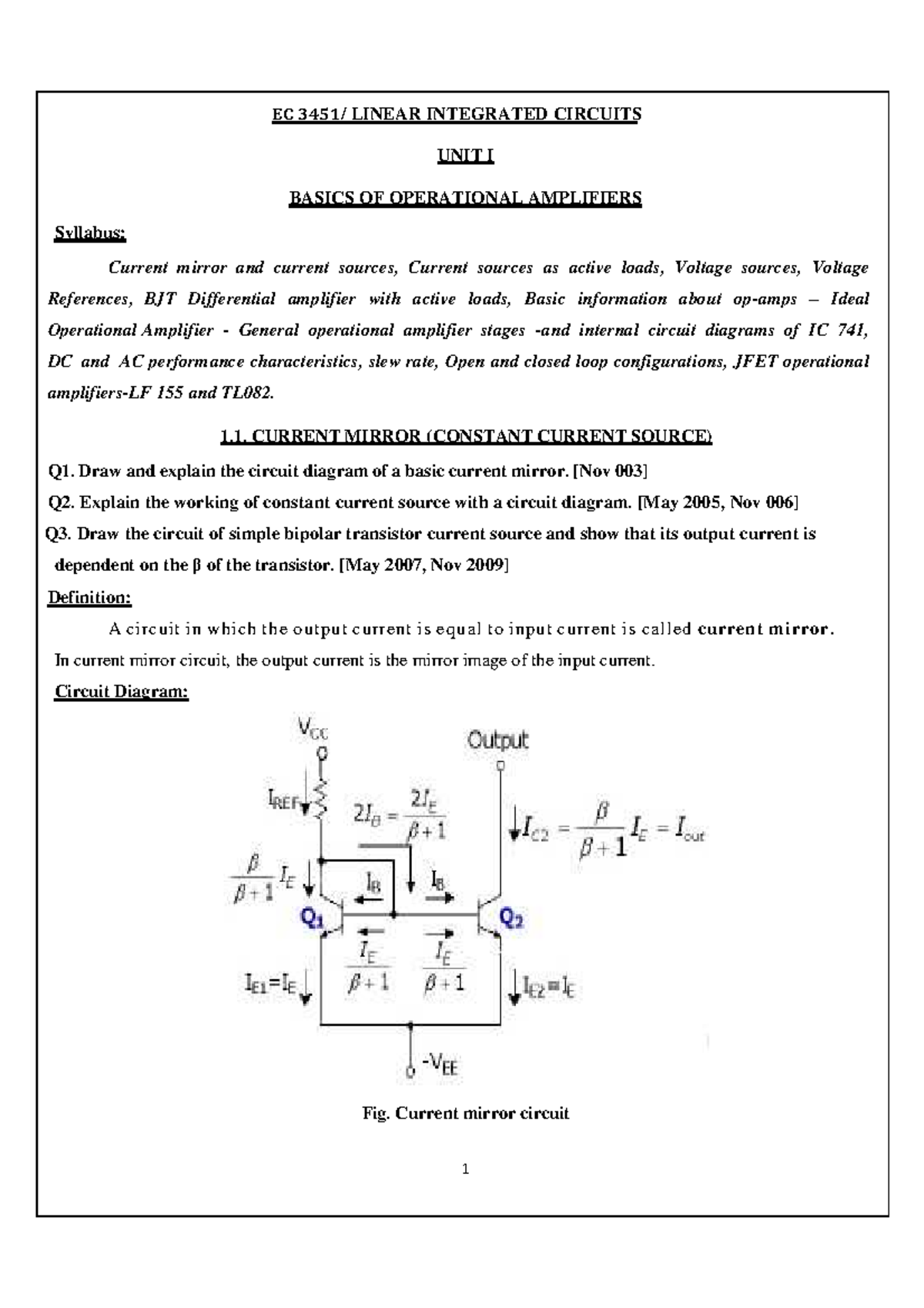 EC3451- Linear Integrated Circuits- LIC - UNIT I BASICS OF OPERATIONAL AMPLIFIERS Syllabus ...