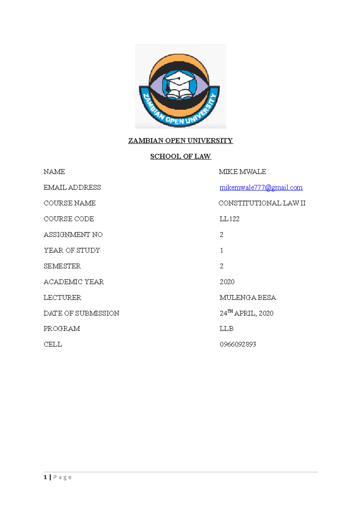 Constitutional LAW II 2 - ZAMBIAN OPEN UNIVERSITY SCHOOL OF LAW NAME ...