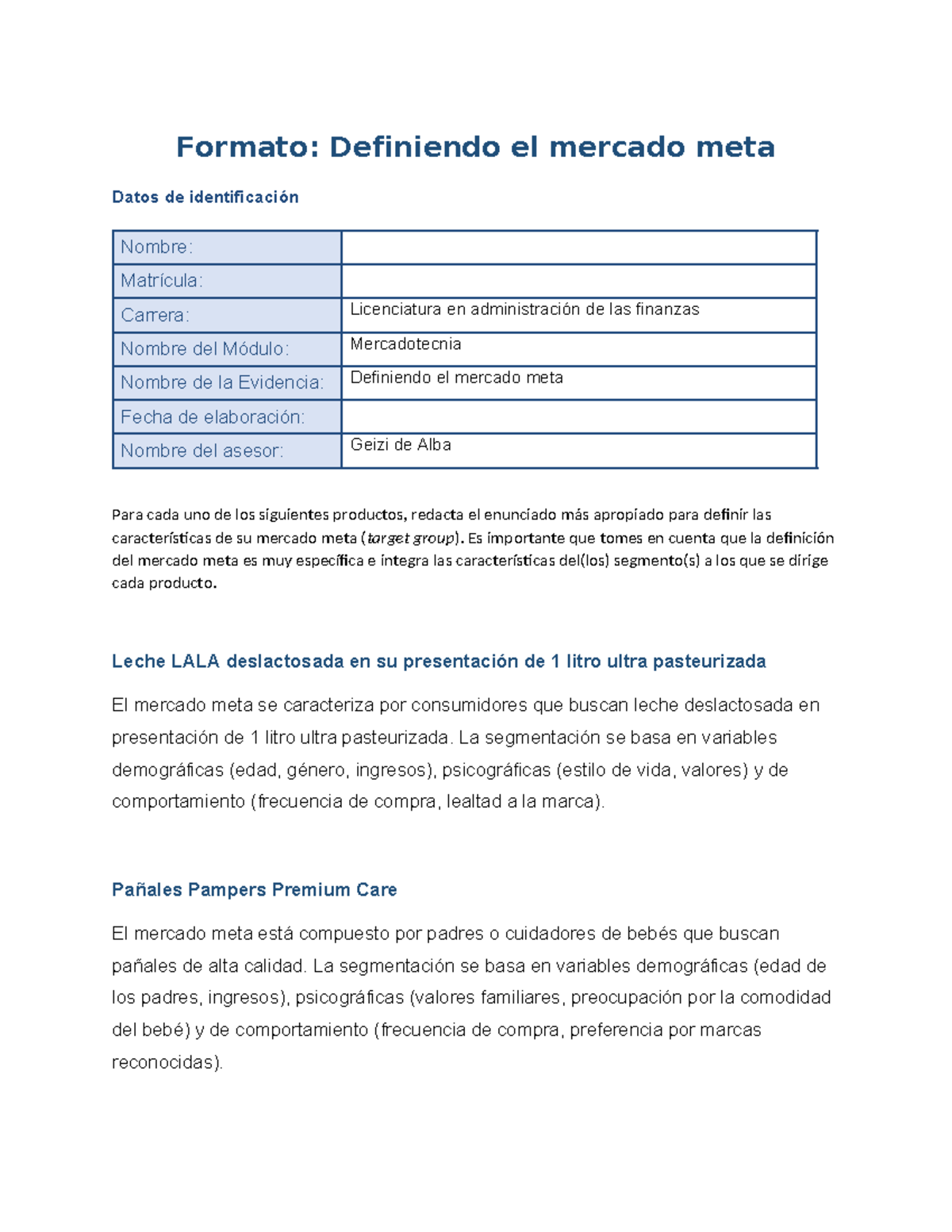 Mercado META - Formato: Definiendo el mercado meta Datos de ...