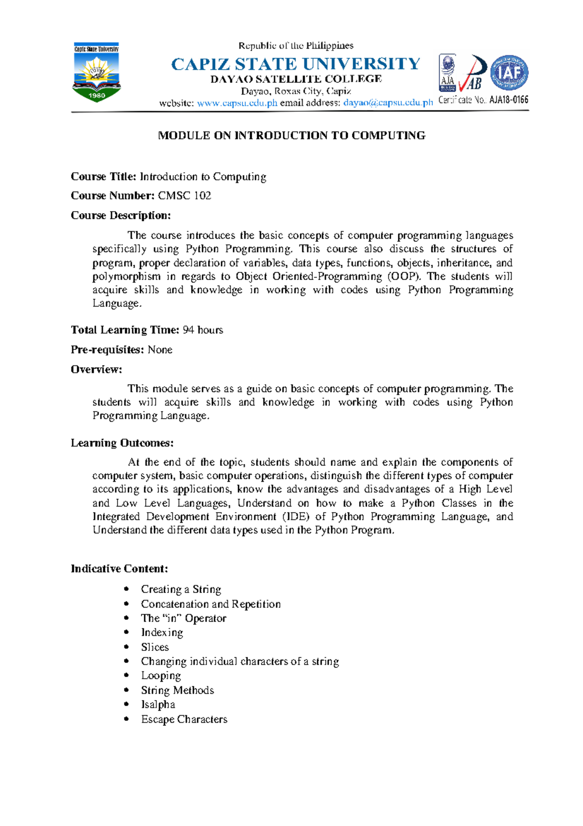 CMSC 102 chapter 9 - MODULE ON INTRODUCTION TO COMPUTING Course Title ...