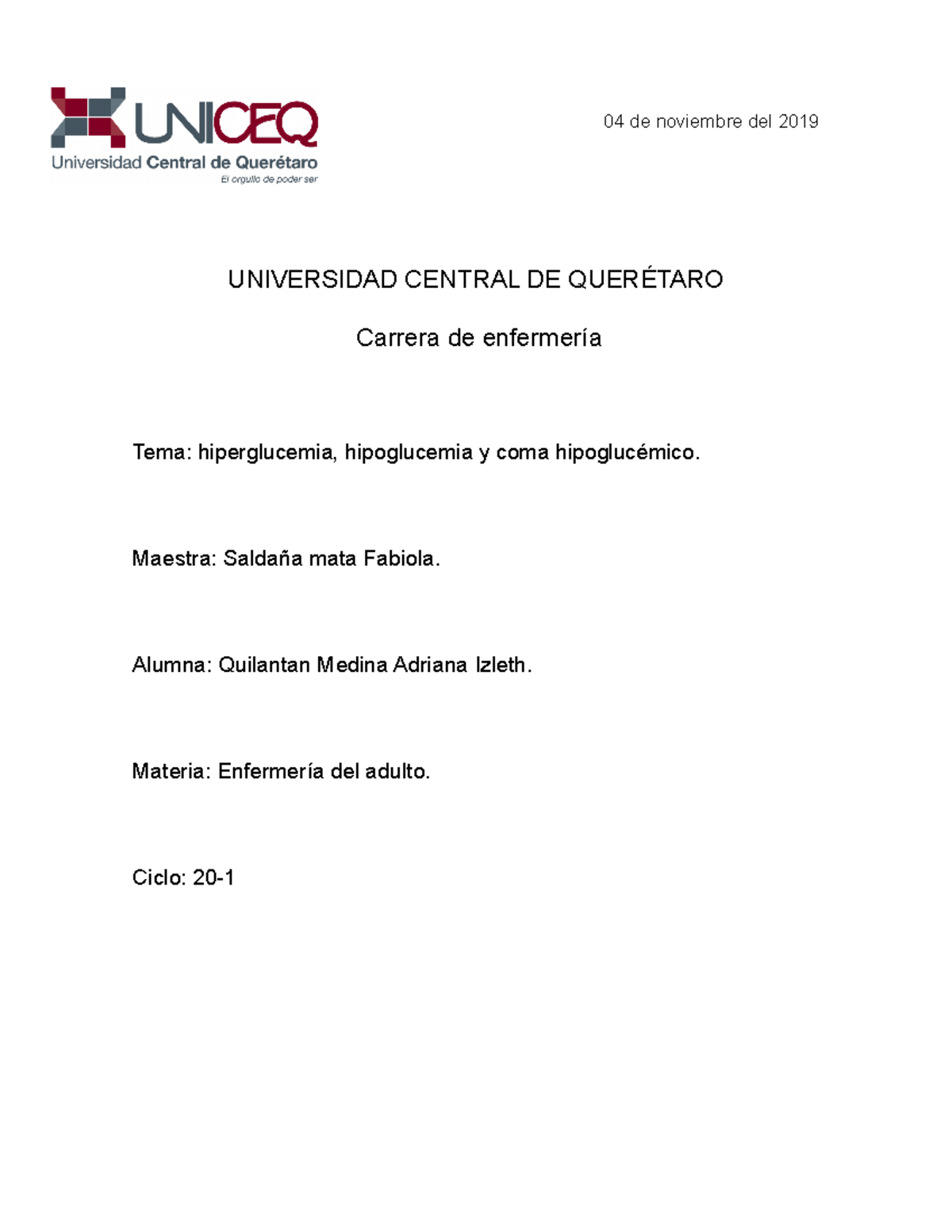 Hiperglucemia, hipoglucemia y como hipoglucemico - Maestra: Saldaña ...
