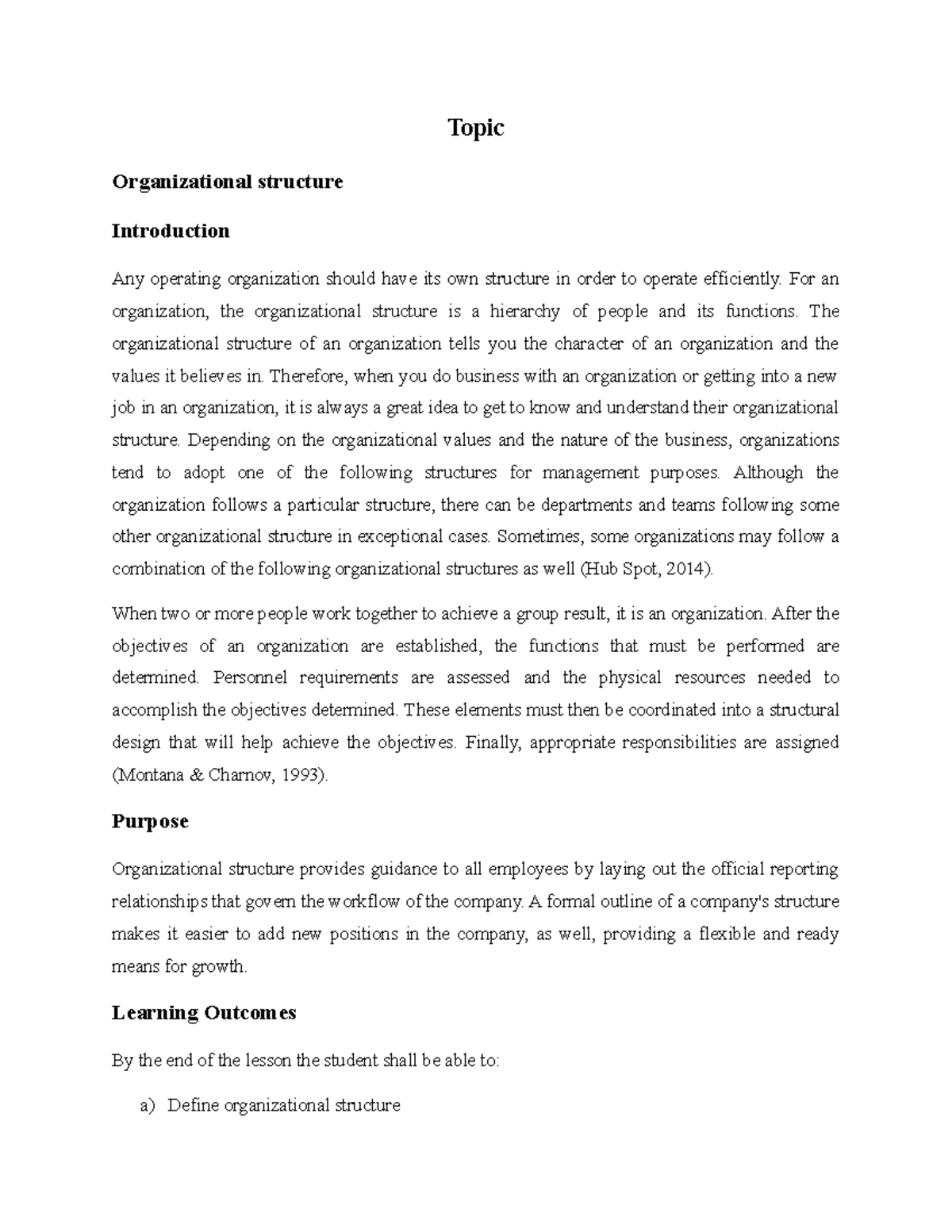 Topic - learning - Topic Organizational structure Introduction Any ...