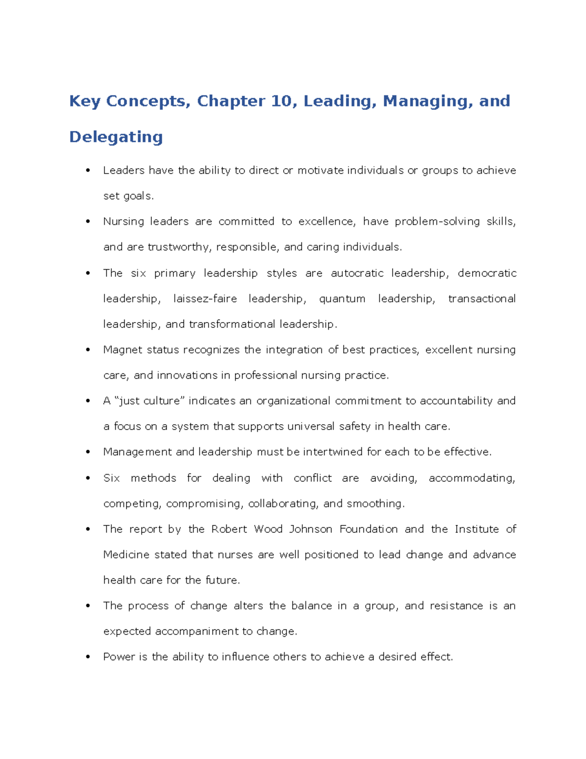 Fundamentals of Nursing Chapter 10 - Key Concepts, Chapter 10, Leading ...