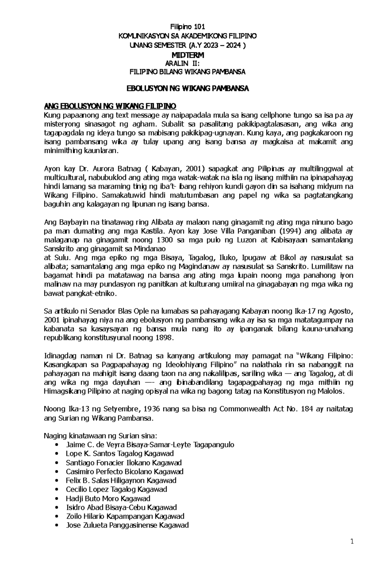 Filipino 101 Ebolusyon ng Wika Midterm - Filipino 101 KOMUNIKASYON SA ...