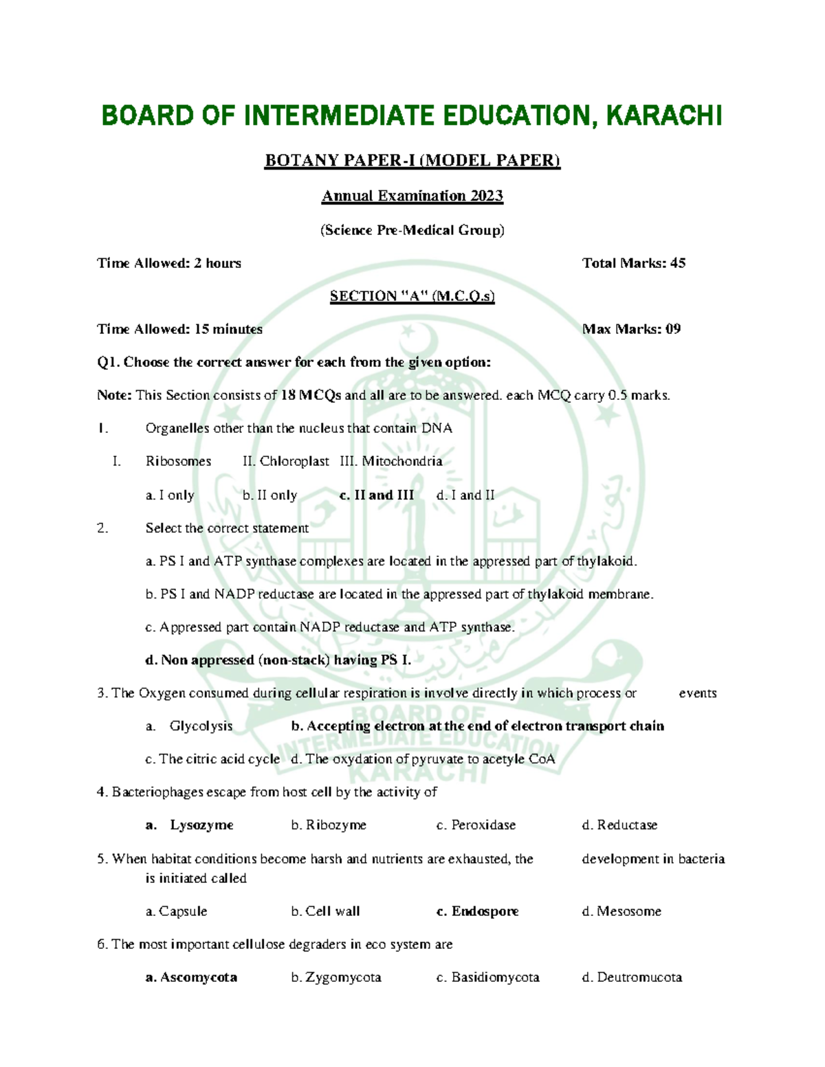 Botany- Paper-I - In this gives all information about plants - BOARD OF ...