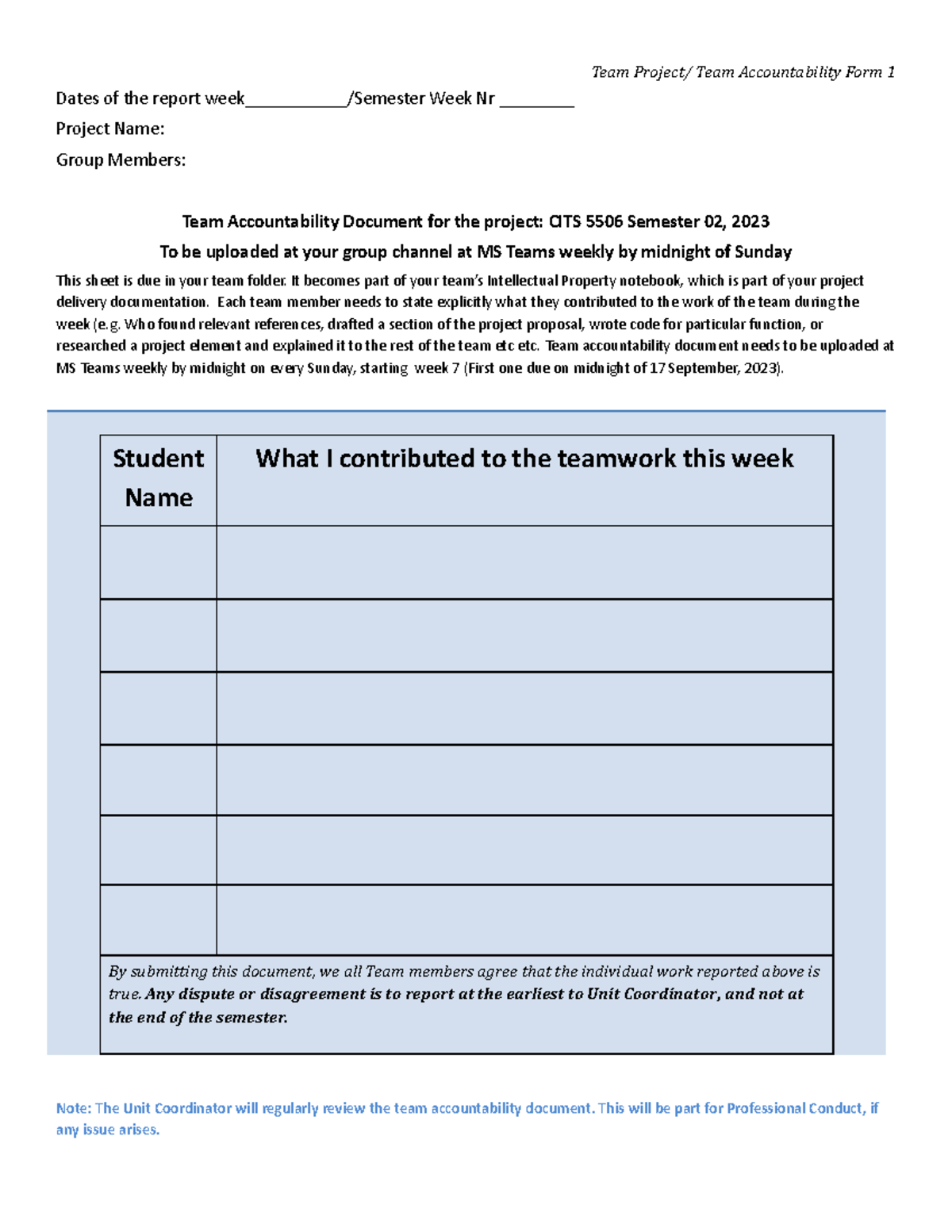 Team Accountability Document - Team Project/ Team Accountability Form 1 ...