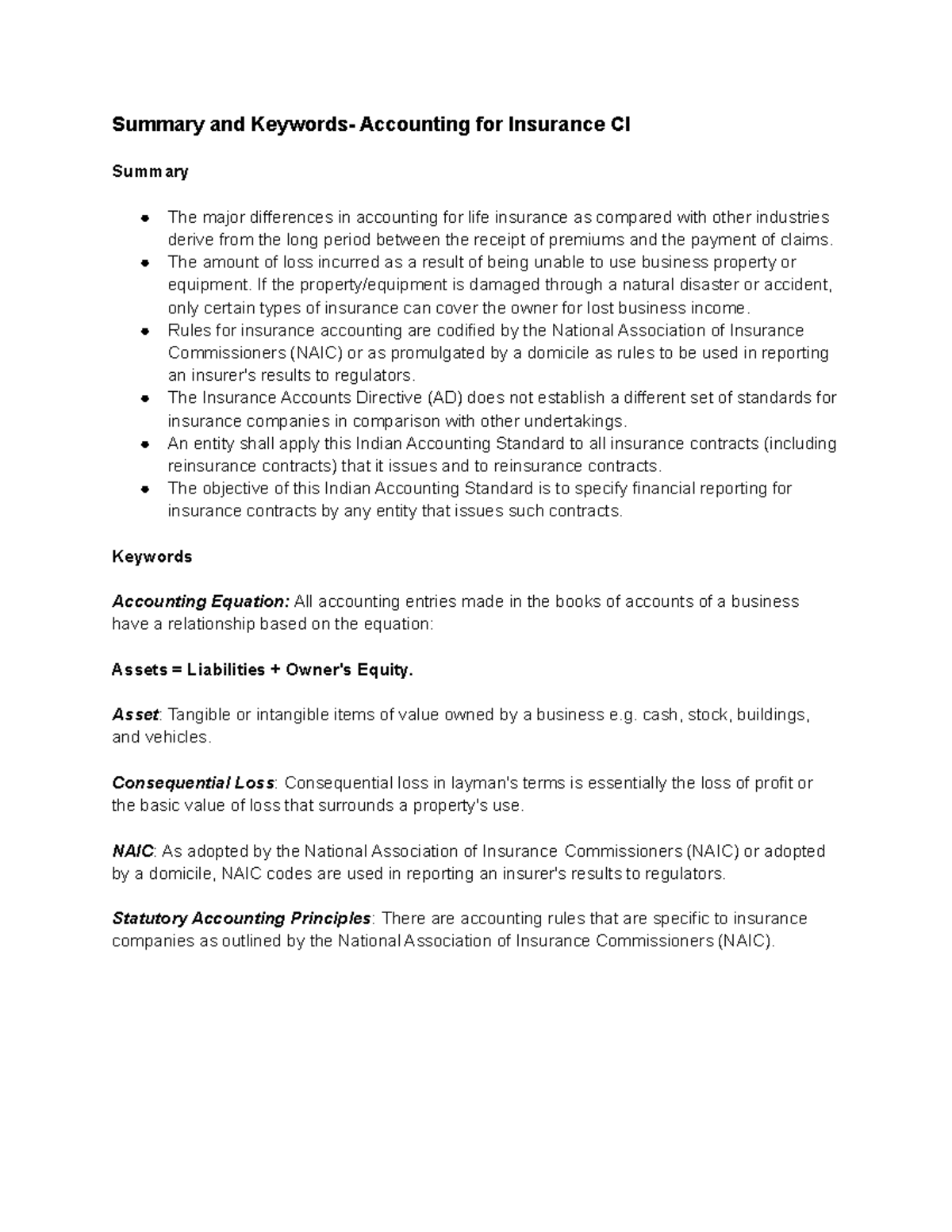 Summary and Keywords- Accounting for Insurance CI - Summary and ...