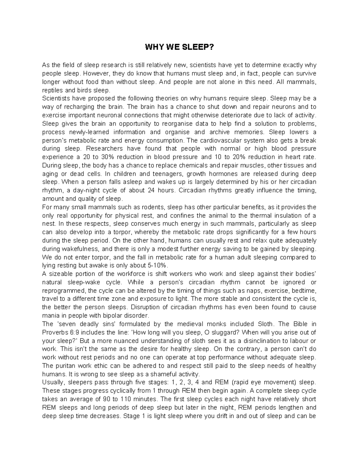 WHY WE Sleep - mmm - WHY WE SLEEP? As the field of sleep research is ...