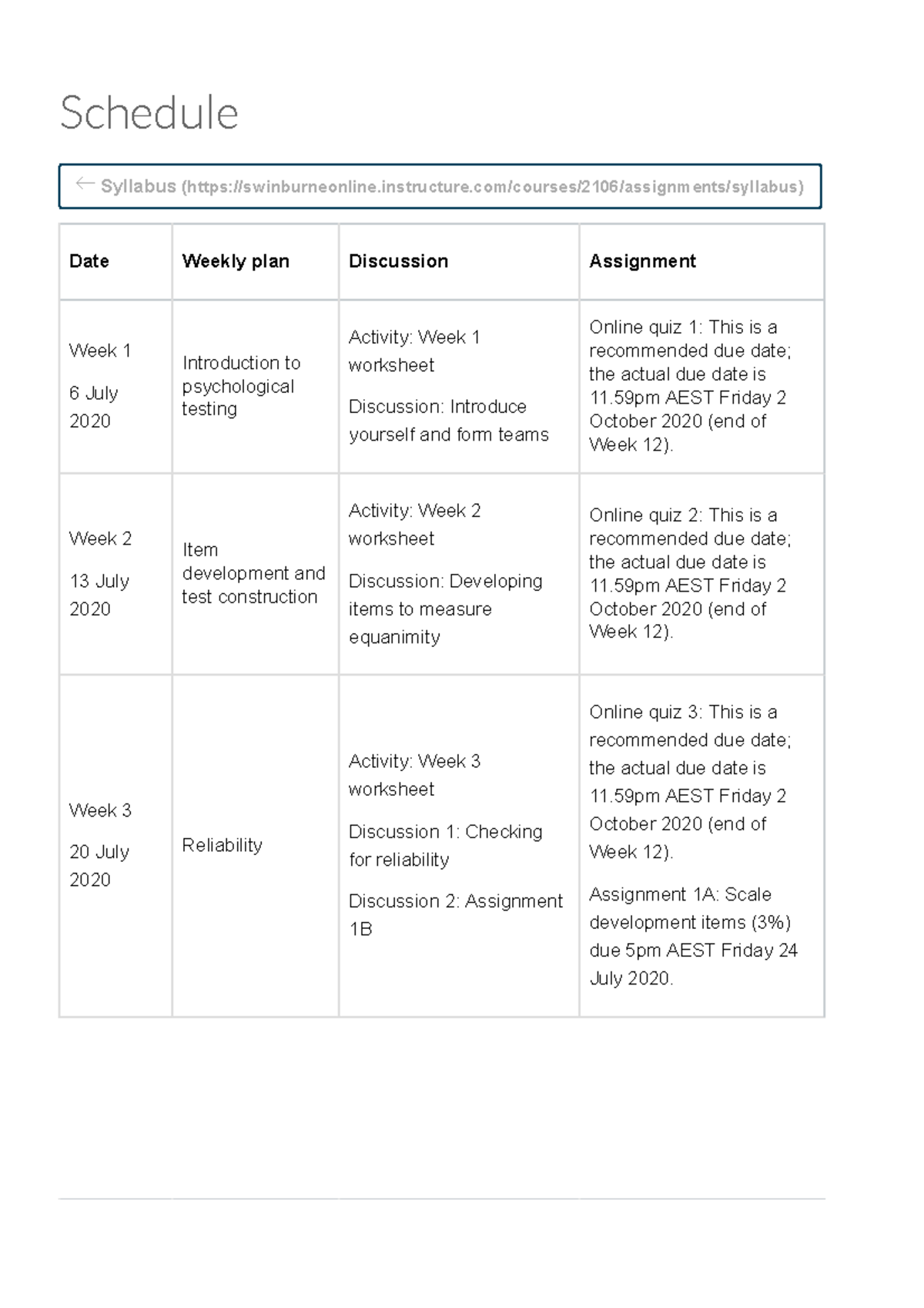 Psychology Project Syllabus - Schedule Date Weekly plan Discussion ...