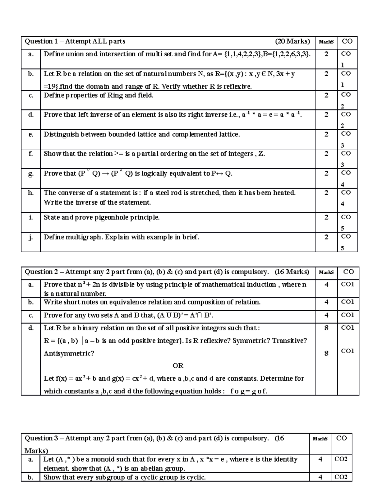 Discrete Mathematics Assignment - Question 1 – Attempt ALL parts (20 ...