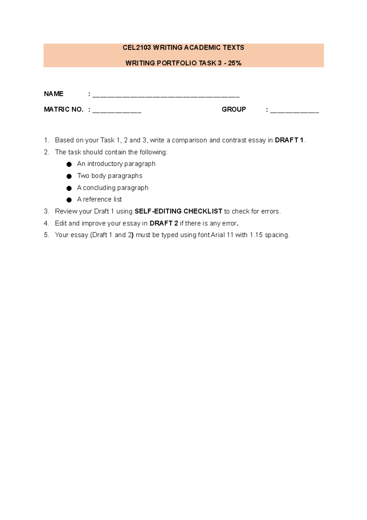 TASK 3 - 25% - Portfolio Assignment - CEL2103 WRITING ACADEMIC TEXTS ...