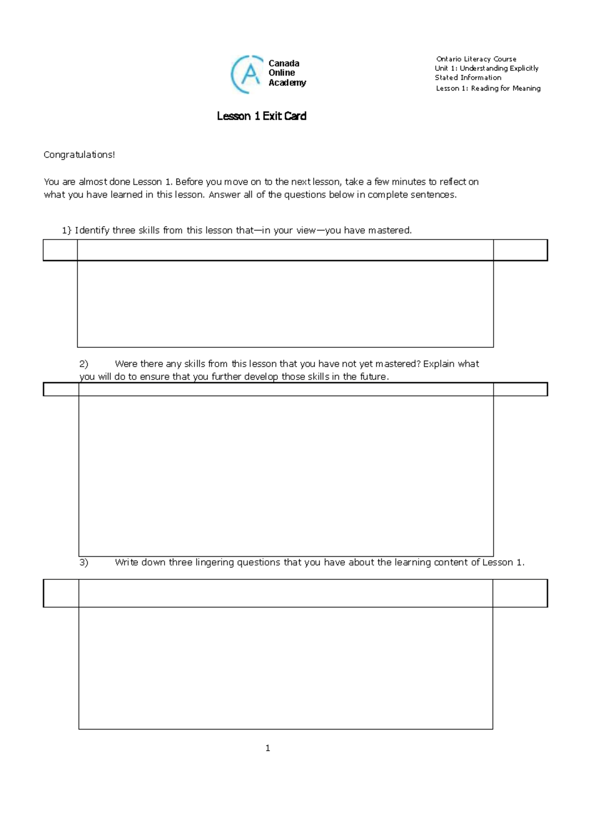 1.11 Lesson 1 Exit Card - Canada Online Academy Ontario Literacy Course ...
