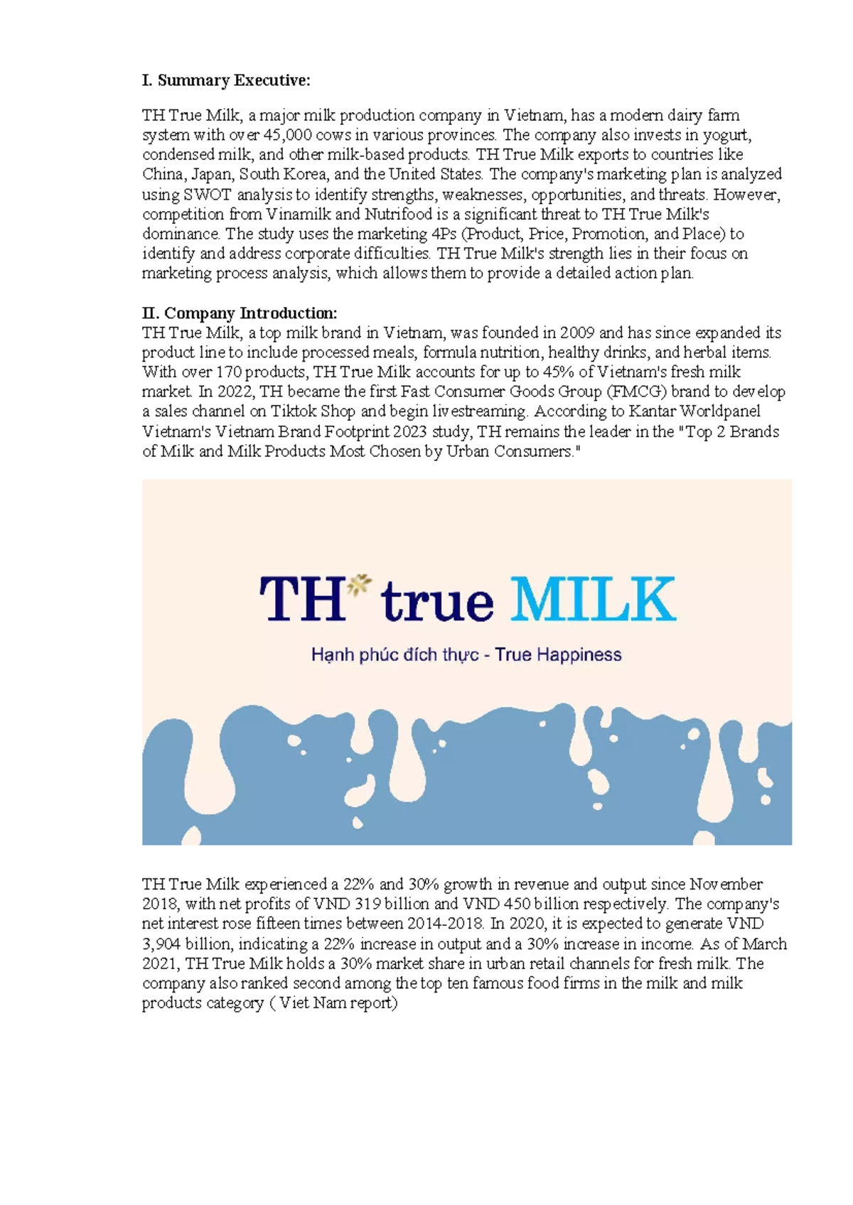 Pmk-1 - I. Summary Executive: TH True Milk, a major milk production ...