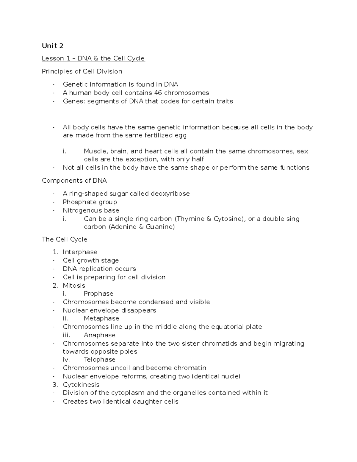 Unit 2 Notes - Unit 2 Lesson 1 – DNA & the Cell Cycle Principles of ...