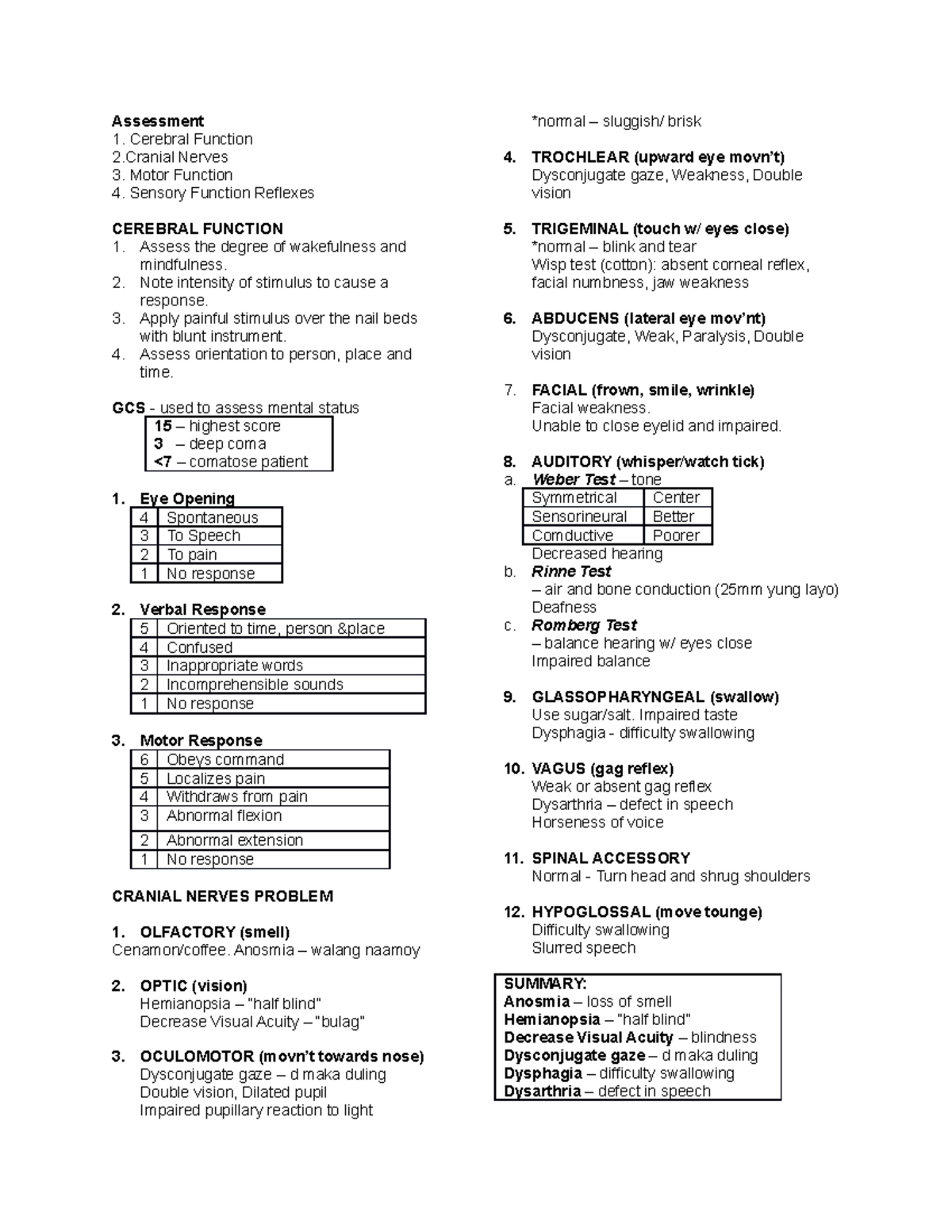 Neurological-System - Assessment Cerebral Function 2 Nerves Motor ...