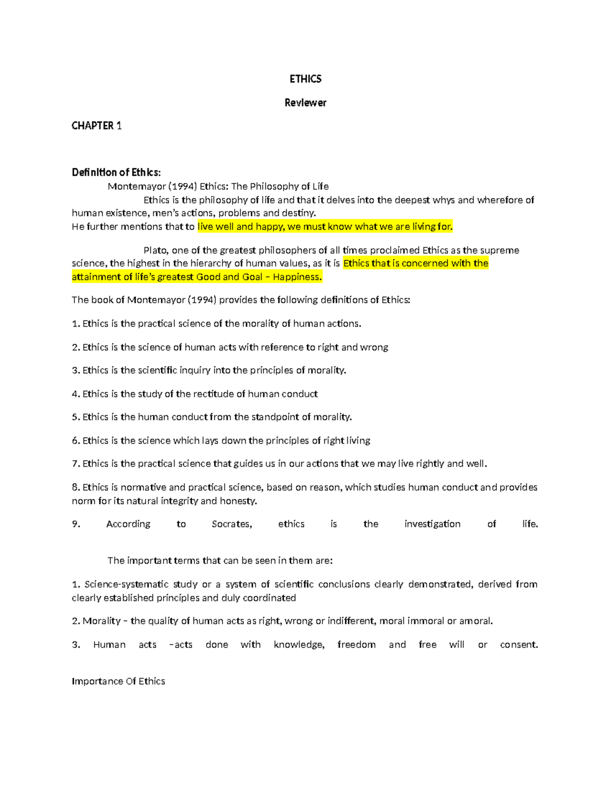 Reviewer-Ethics - Midterm Reviewer - ETHICS Reviewer CHAPTER 1 ...