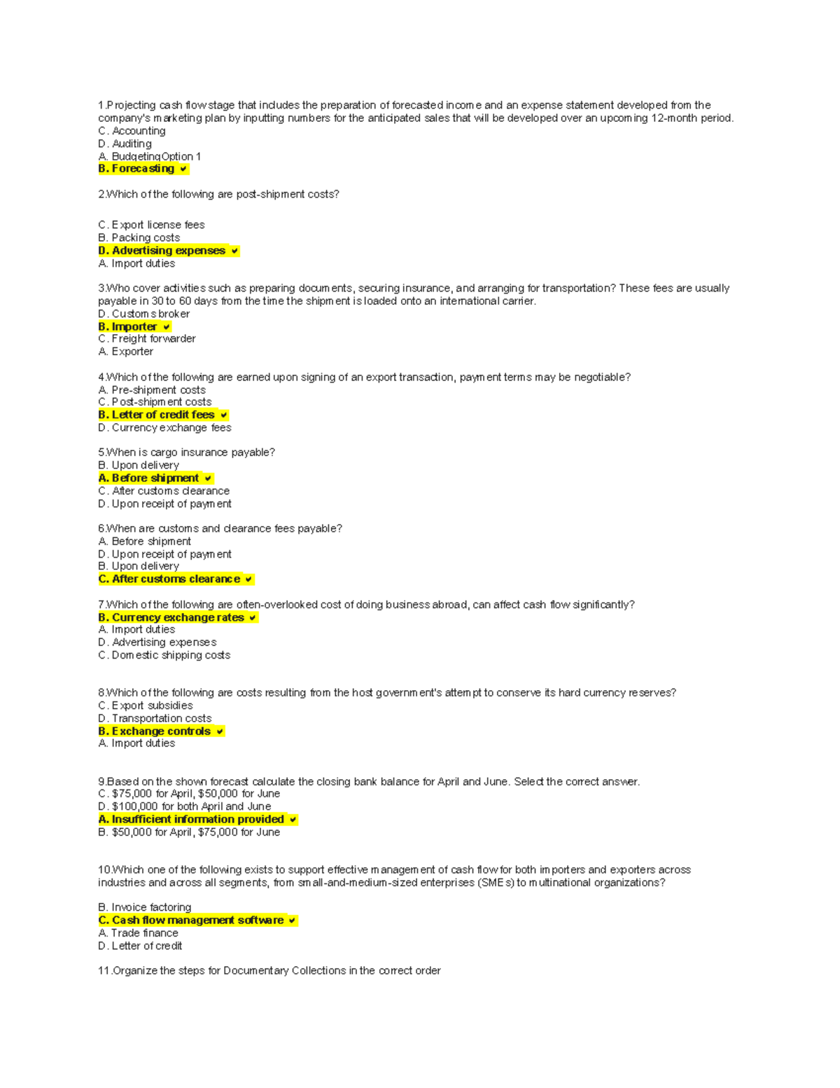 QUIZ 1 - International Trade Finance Practice Questionnaire - 1 cash ...