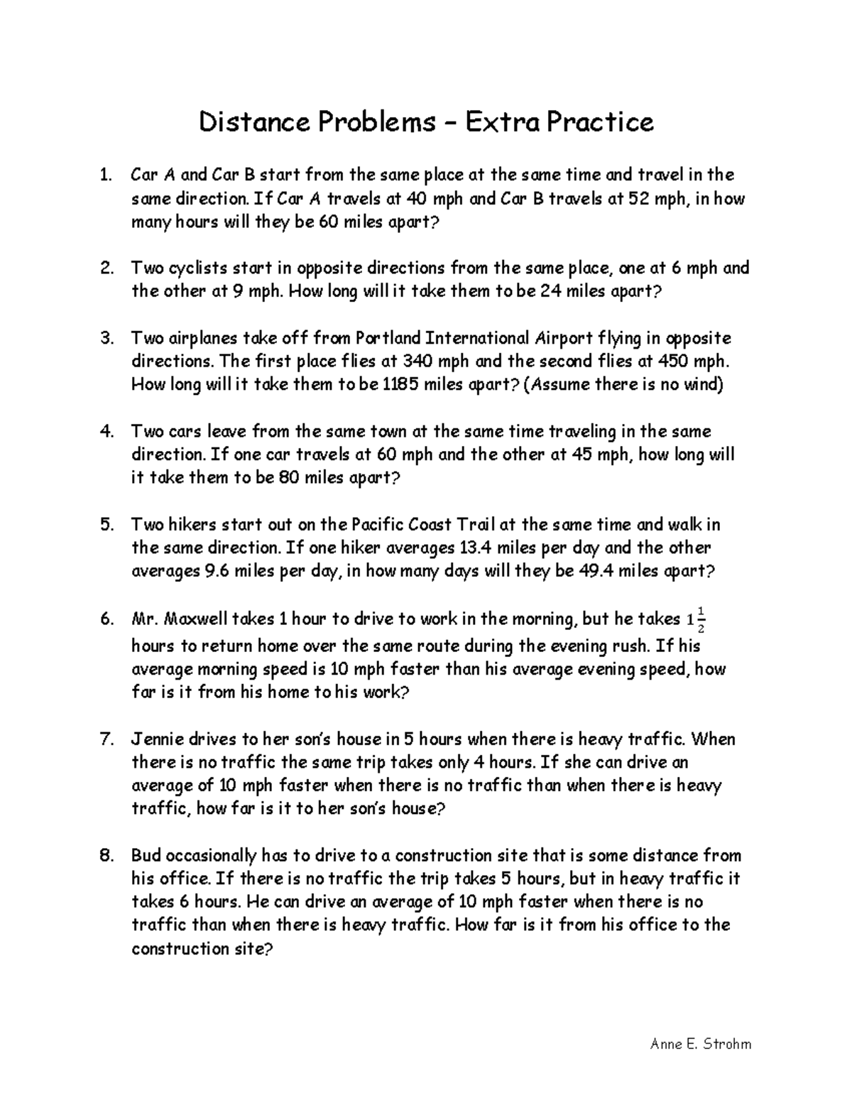 Distance Problems with Set Up - Distance Problems – Extra Practice Car ...