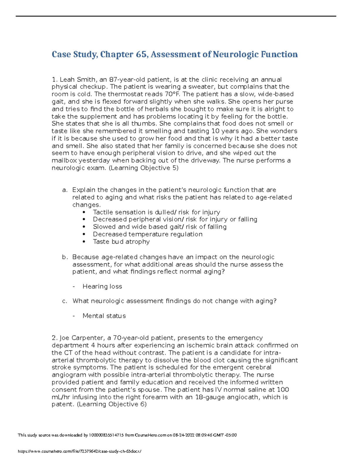 Case study ch. 65 3 - Case Study, Chapter 65, Assessment of Neurologic ...