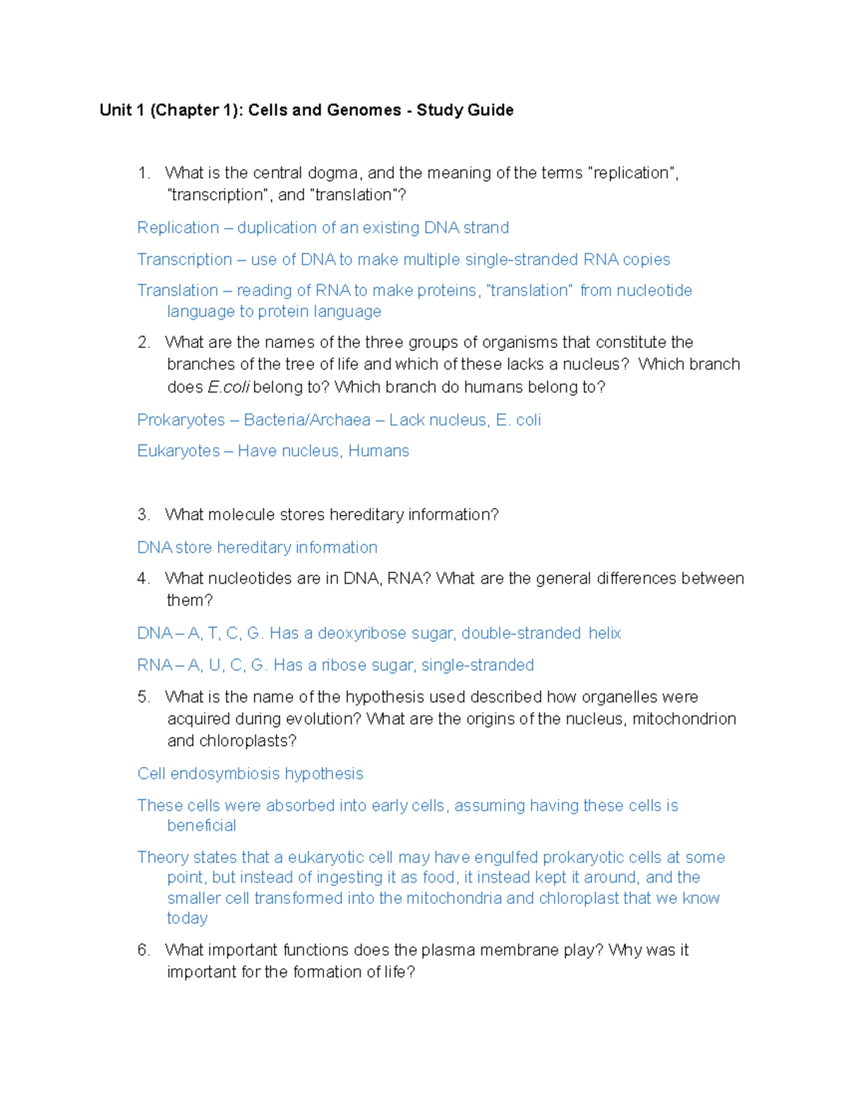 Unit 1 (Chapter 1): Cells and Genomes - Study Guide - Unit 1 (Chapter 1 ...