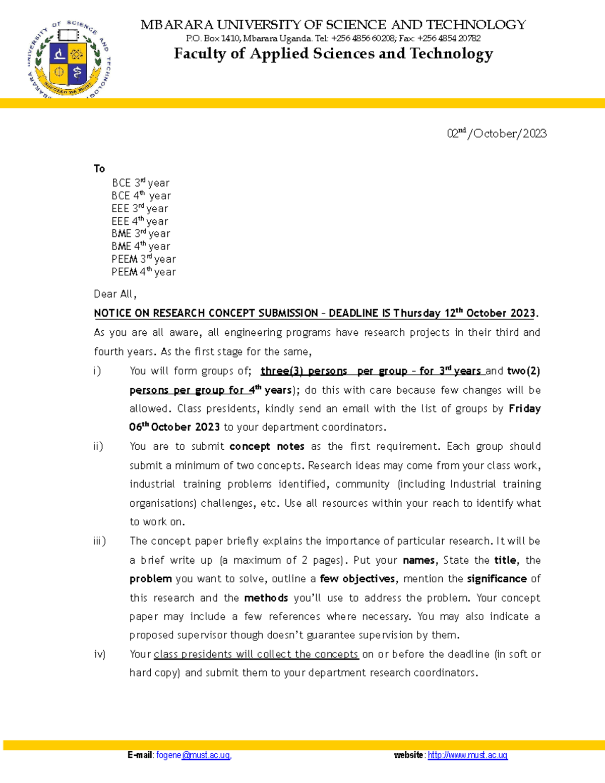 2023 2024 Concept submission notice to students - MBARARA UNIVERSITY OF SCIENCE AND TECHNOLOGY P ...