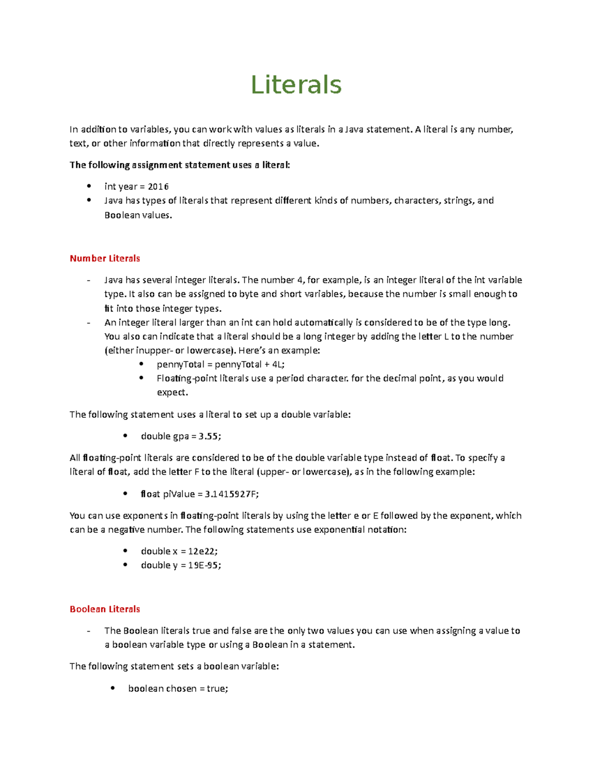 Literals - STUDY GUIDE - Information technology - Studocu