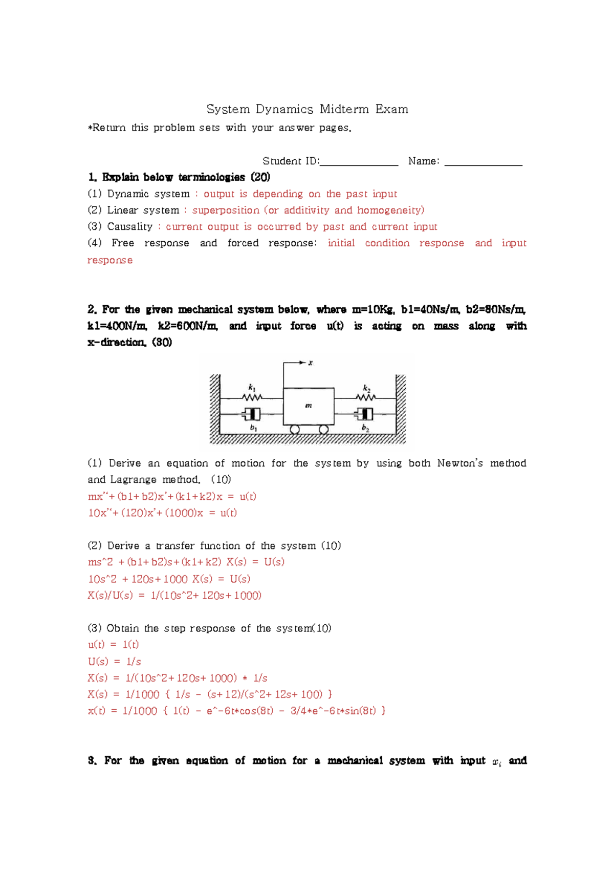 Midterm exam 12 April 2017, answers - System Dynamics Midterm Exam *Return this problem sets ...