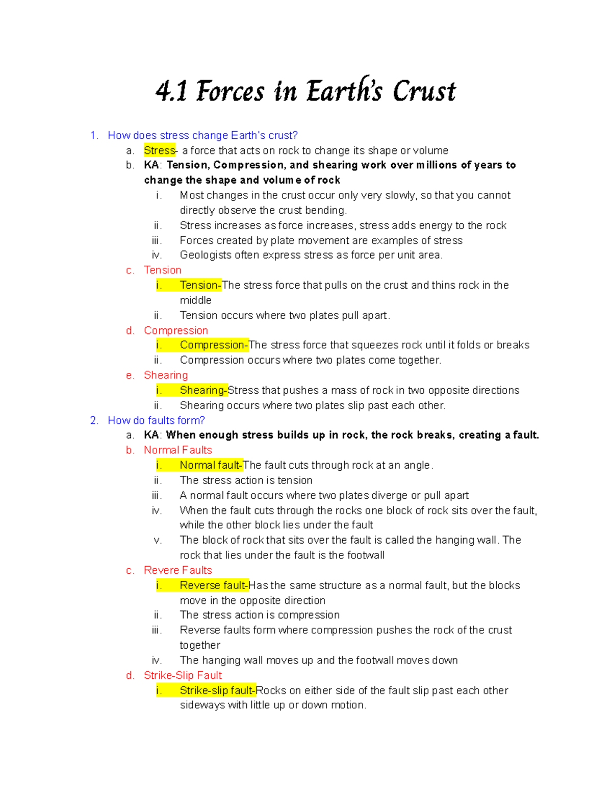 4.1 4.2 Outline Notes - Forces in the Earth's crust. - 4 Forces in ...