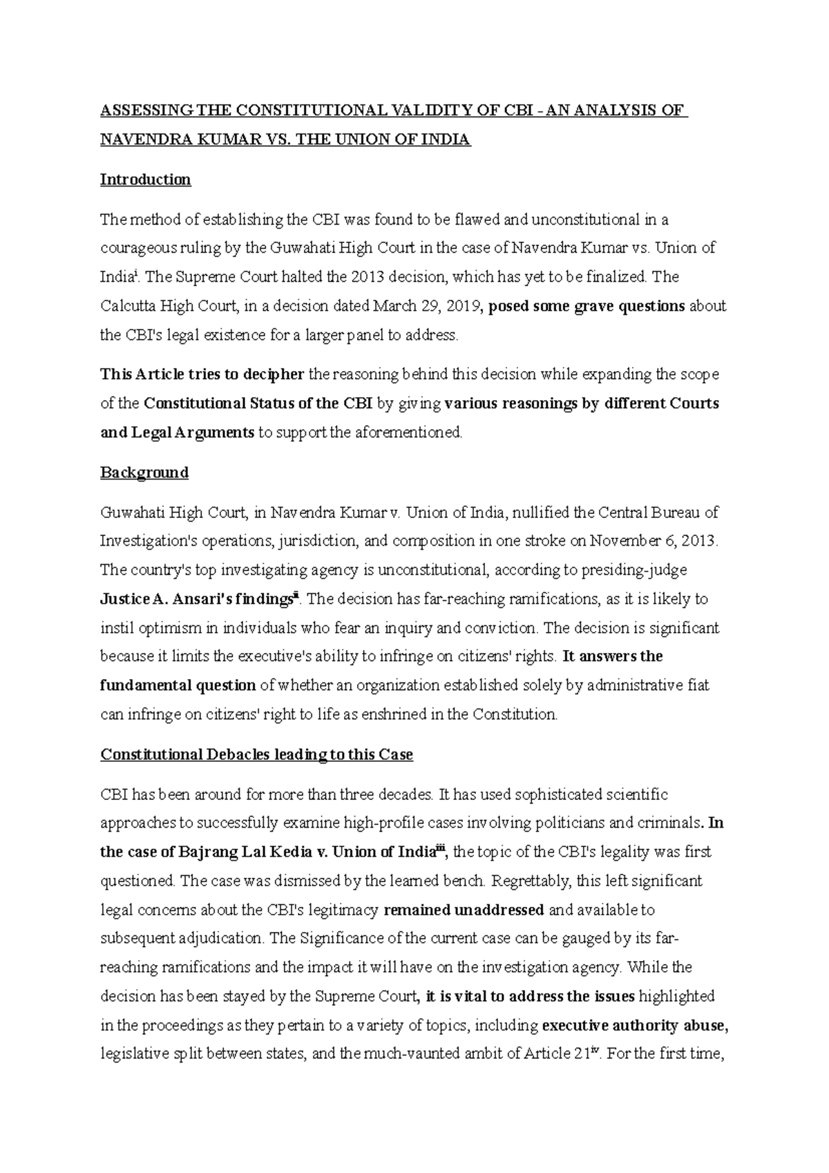 Assessing THE Constitutional Validity OF CBI - AN Analysis OF Navendra Kumar VS. THE Union OF ...