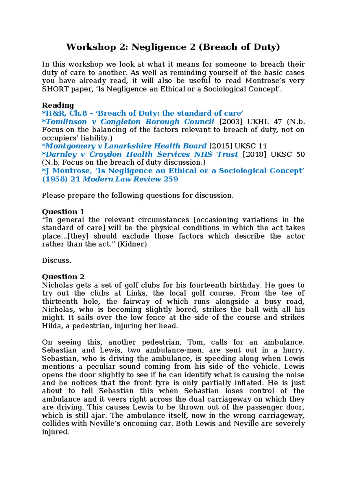 Breach of Duty workshop - Workshop 2: Negligence 2 (Breach of Duty) In ...