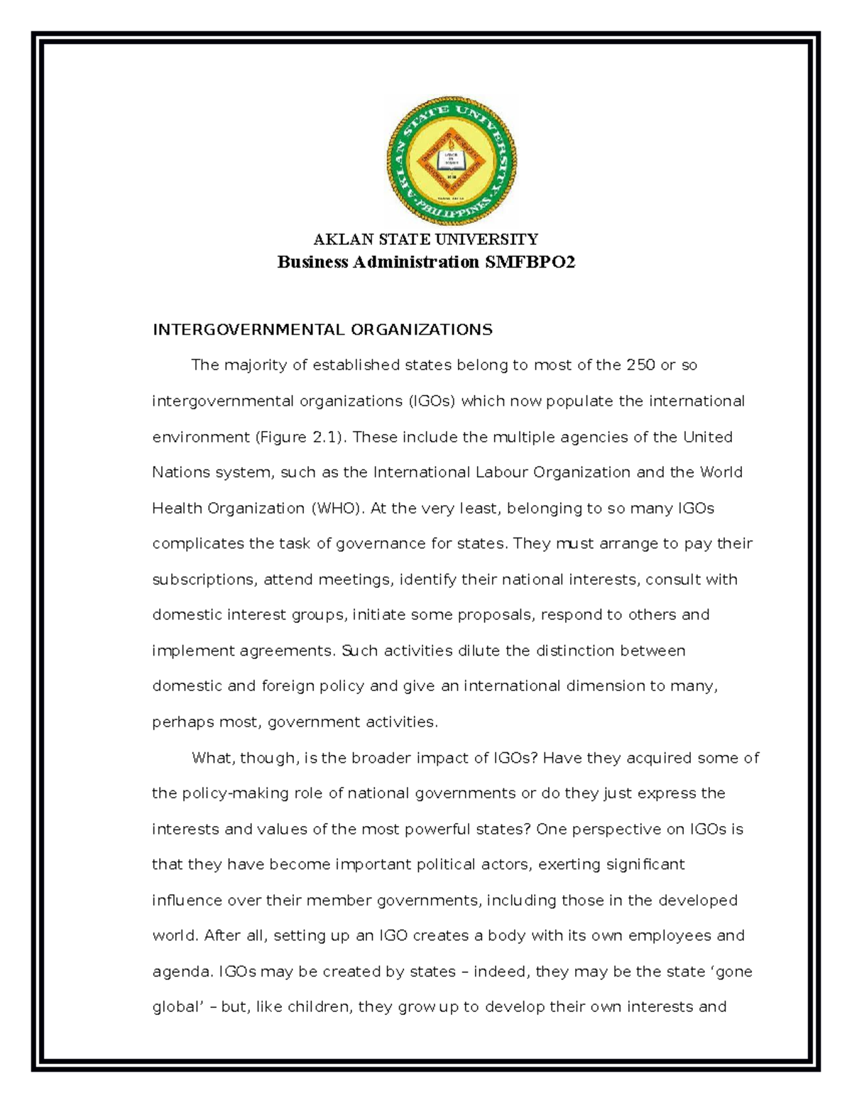 THE State AND International Organizations - AKLAN STATE UNIVERSITY ...