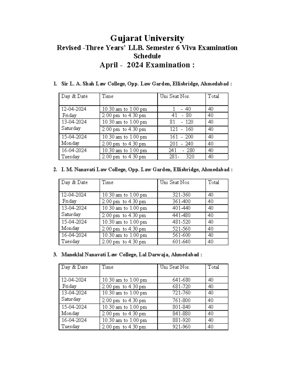 Revised Third Years LLB Sem. VI Viva Exam April 2024 - Gujarat ...