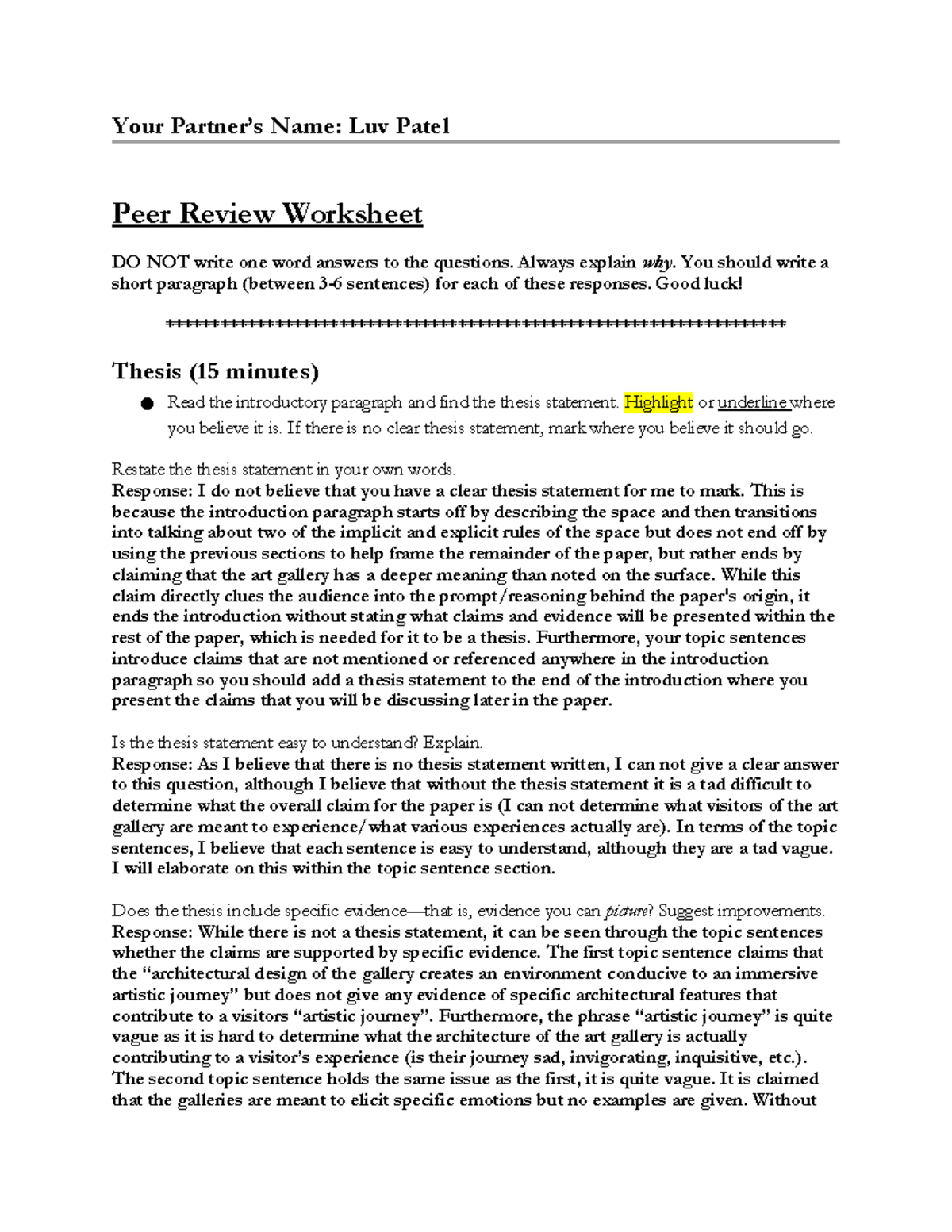 ENG 101 (Paper 1) Peer Review Worksheet for Luv Patel - Your Partner’s ...