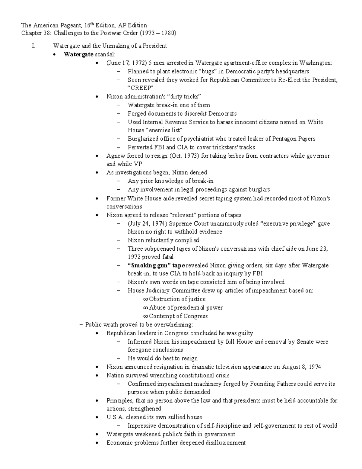 Chapter 38 - Challenges to the Postwar Order - Watergate and the ...