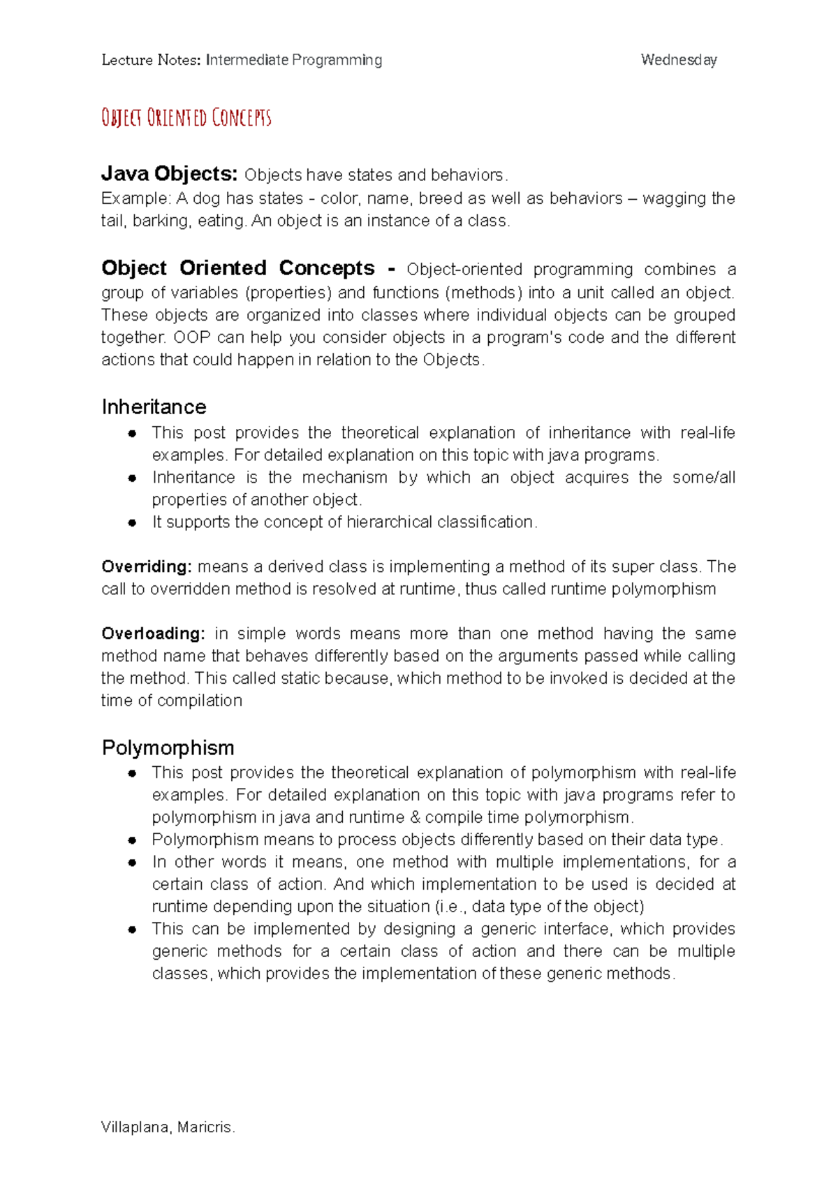 Object Oriented Concepts(Week5 Lecture Notes) - Lecture Notes ... Object Oriented Concepts(Week5 Lecture Notes) - Lecture Notes ...