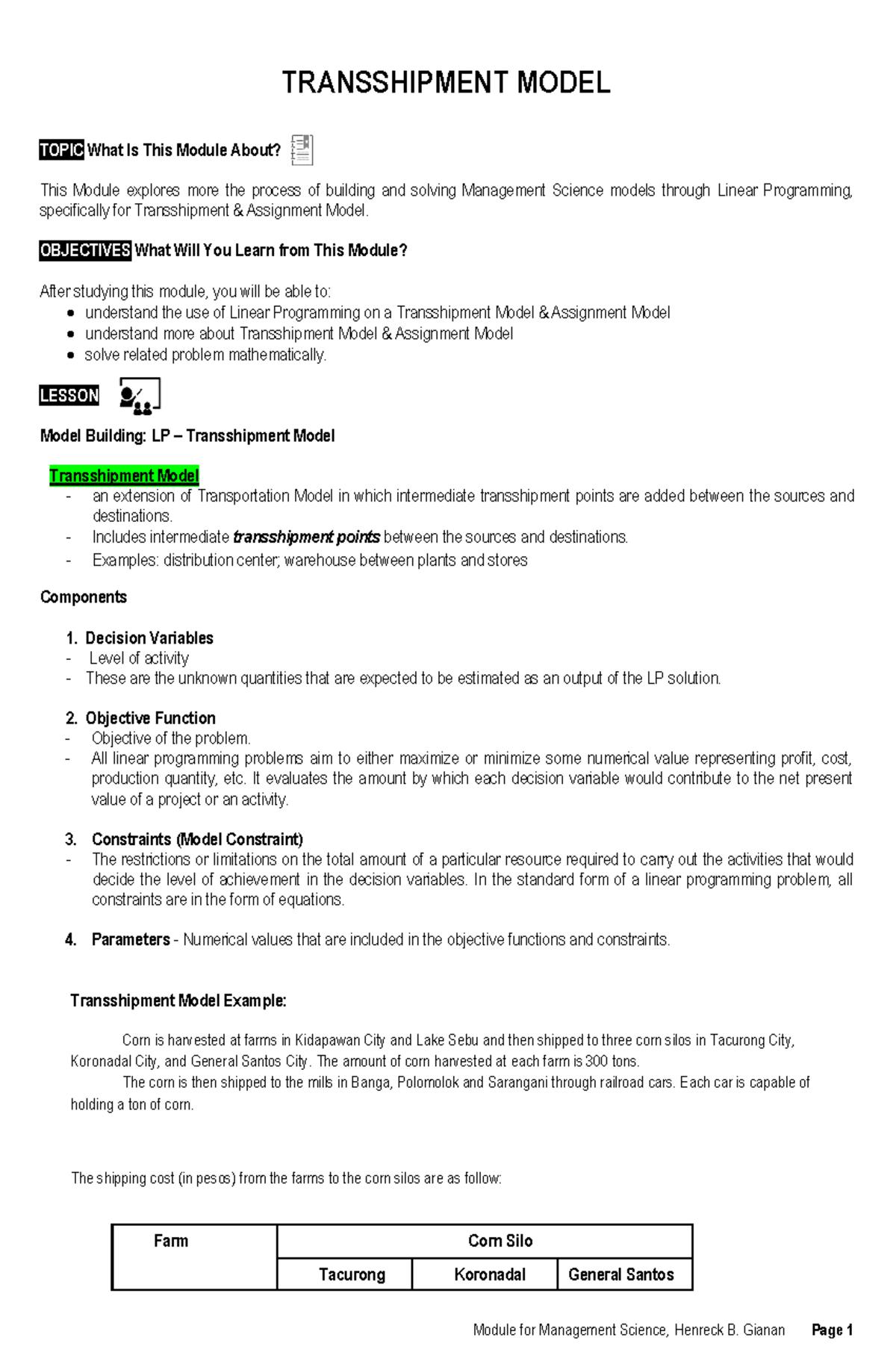 Transshipment Model - TRANSSHIPMENT MODEL TOPIC What Is This Module ...