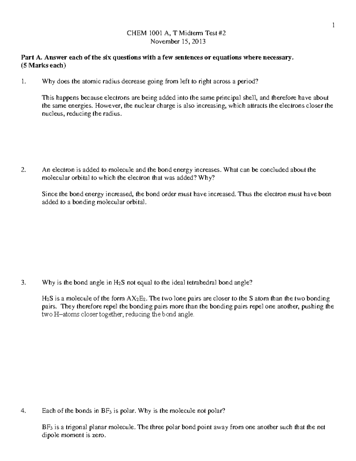 Midterm 2013, questions and answers - CHEM 1001 A, T Midterm Test ...