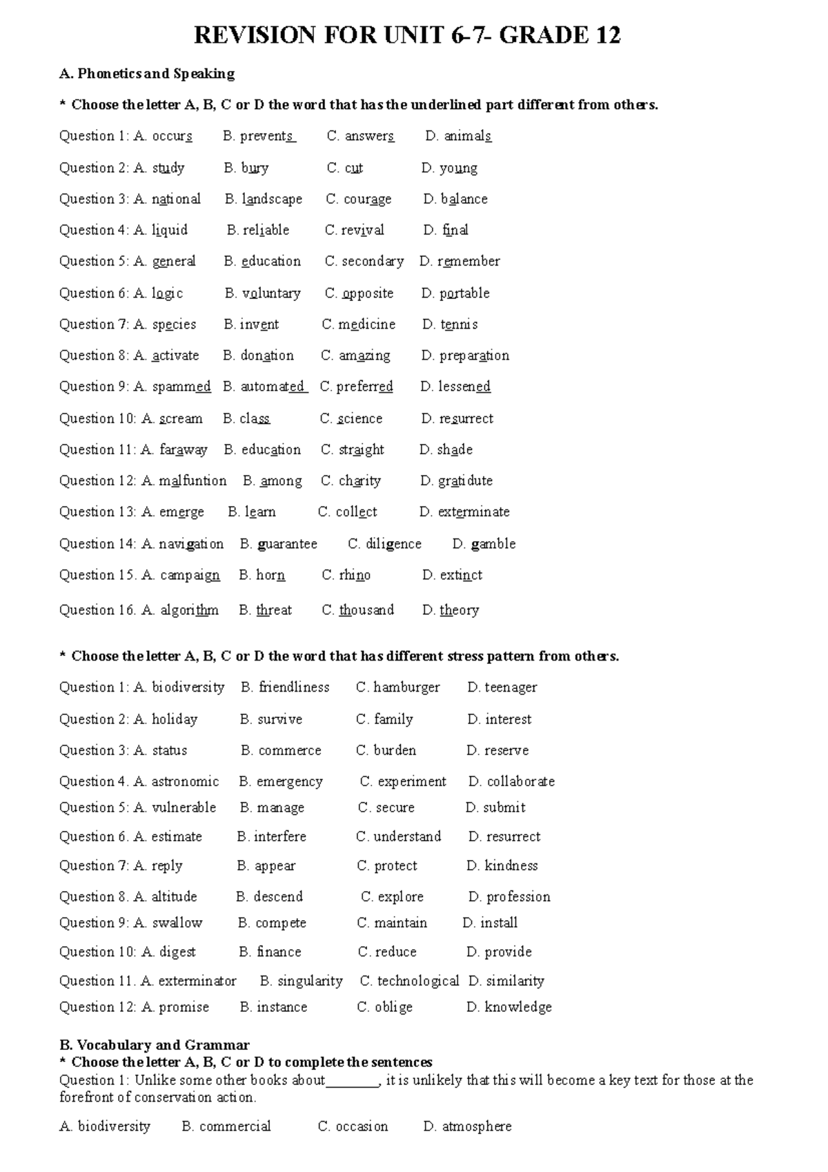 Revision FOR UNIT 6 7 Grade 12 - REVISION FOR UNIT 6-7- GRADE 12 A ...