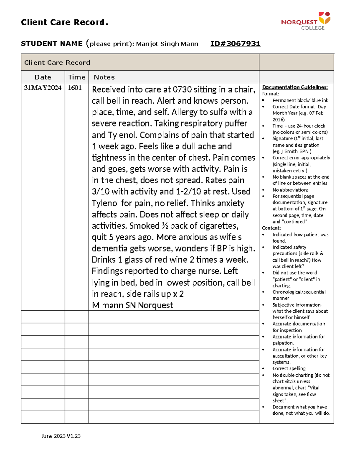 Client Care Record with guidelines V1.23 - Client Care Record. STUDENT ...