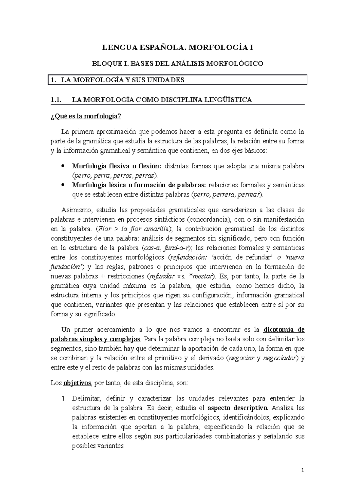 Bloque I - LENGUA ESPAÑOLA. MORFOLOGÍA I BLOQUE I. BASES DEL ANÁLISIS ...