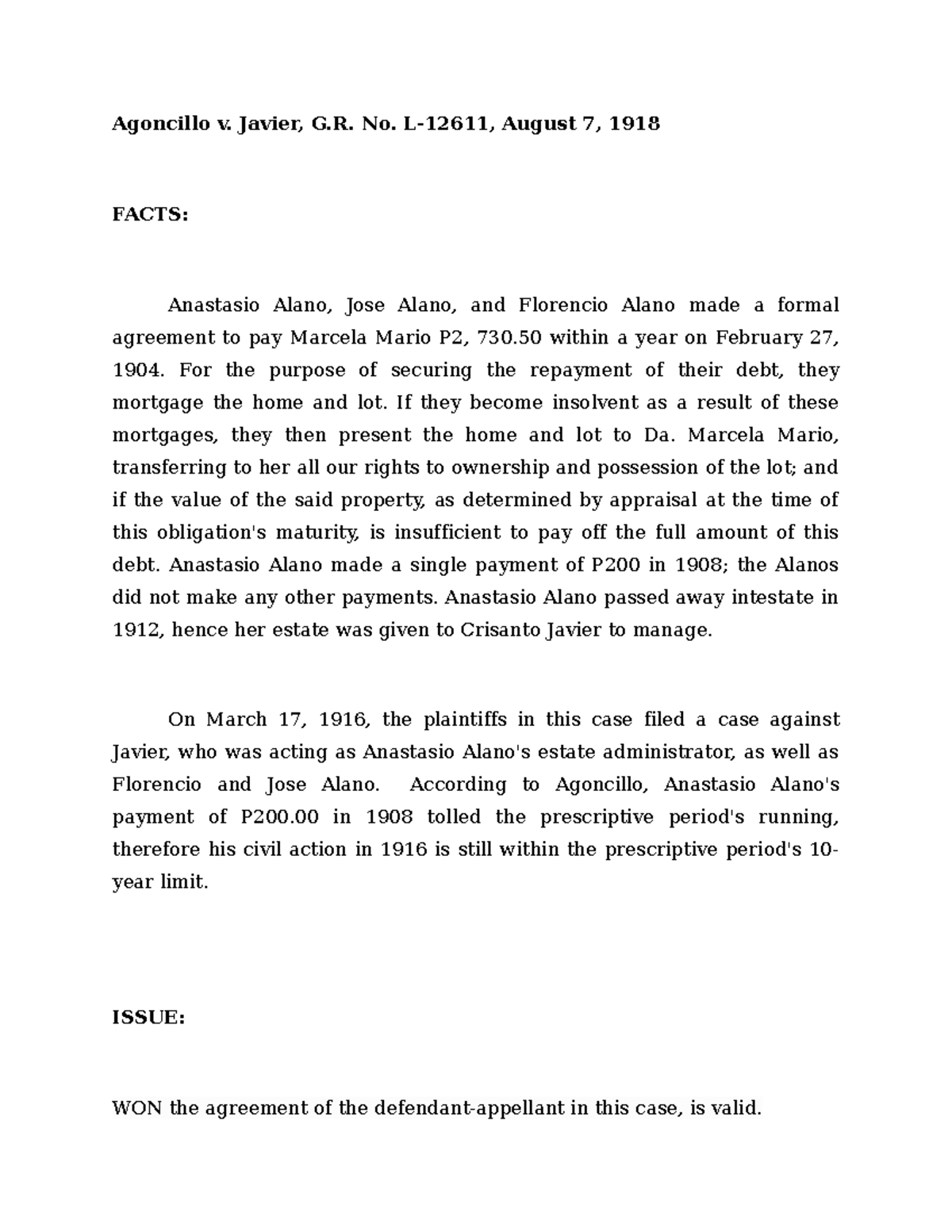 [Case Digest] - digest digest digest - Agoncillo v. Javier, G. No. L ...